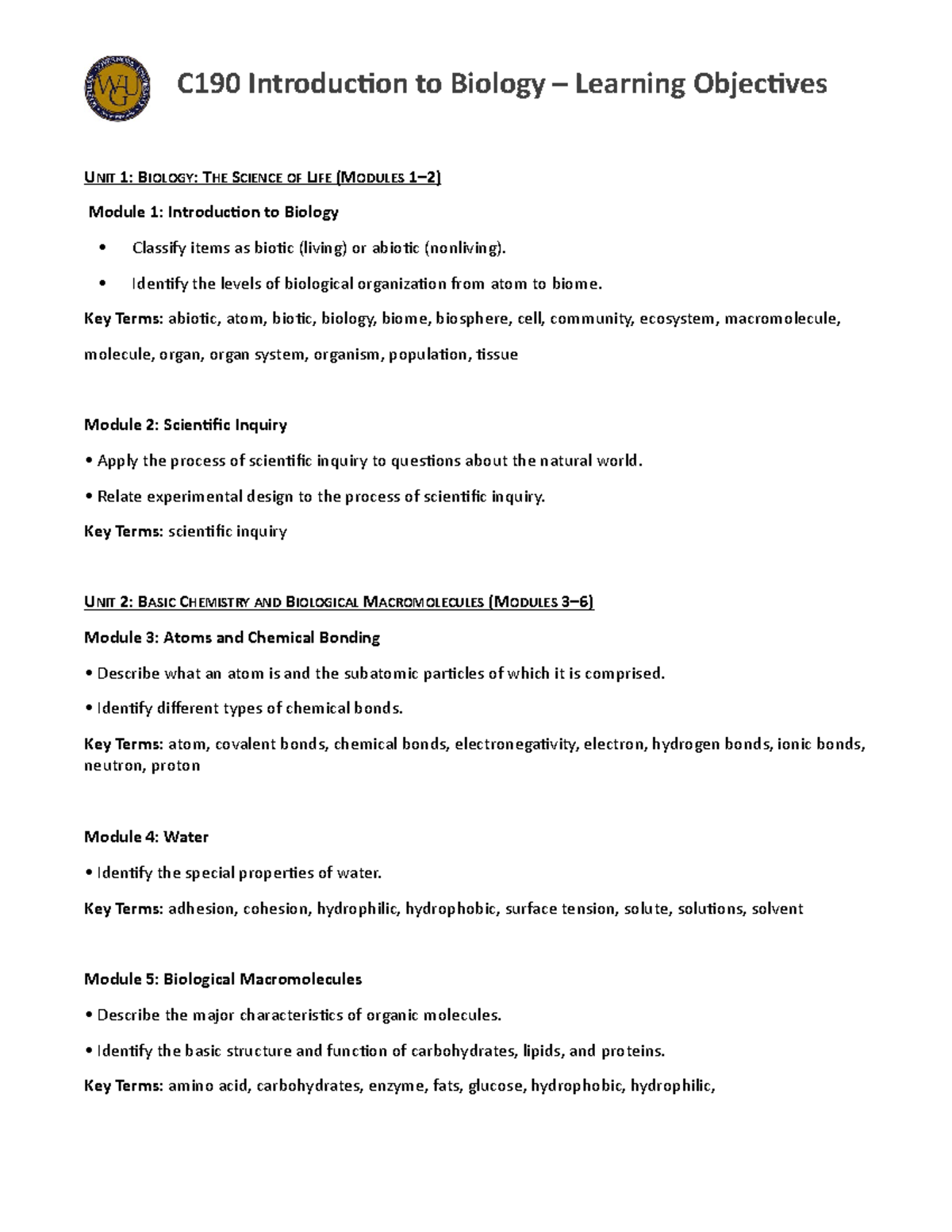 Bio Learning Objectives Terms 2020 - UNIT 1: BIOLOGY: THE SCIENCE OF ...