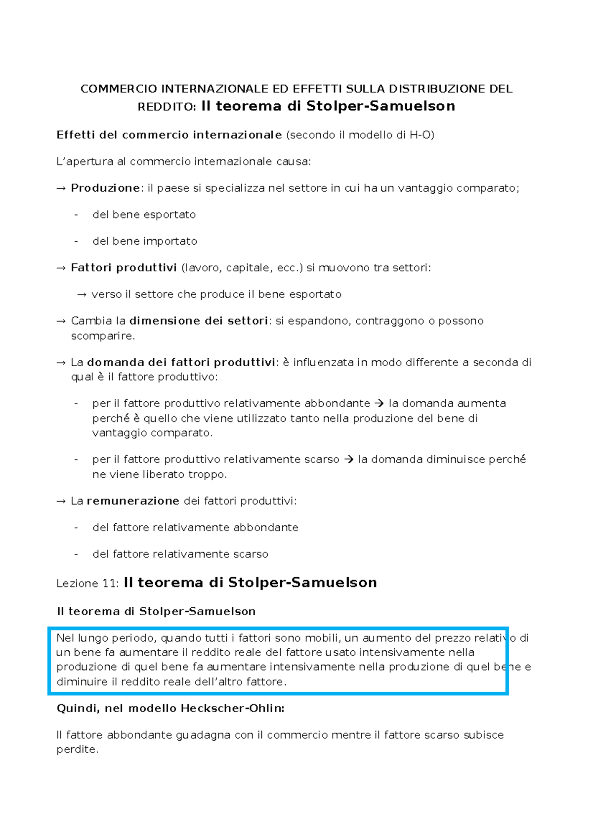 Teorema stolper-samuelson - COMMERCIO INTERNAZIONALE ED EFFETTI SULLA ...