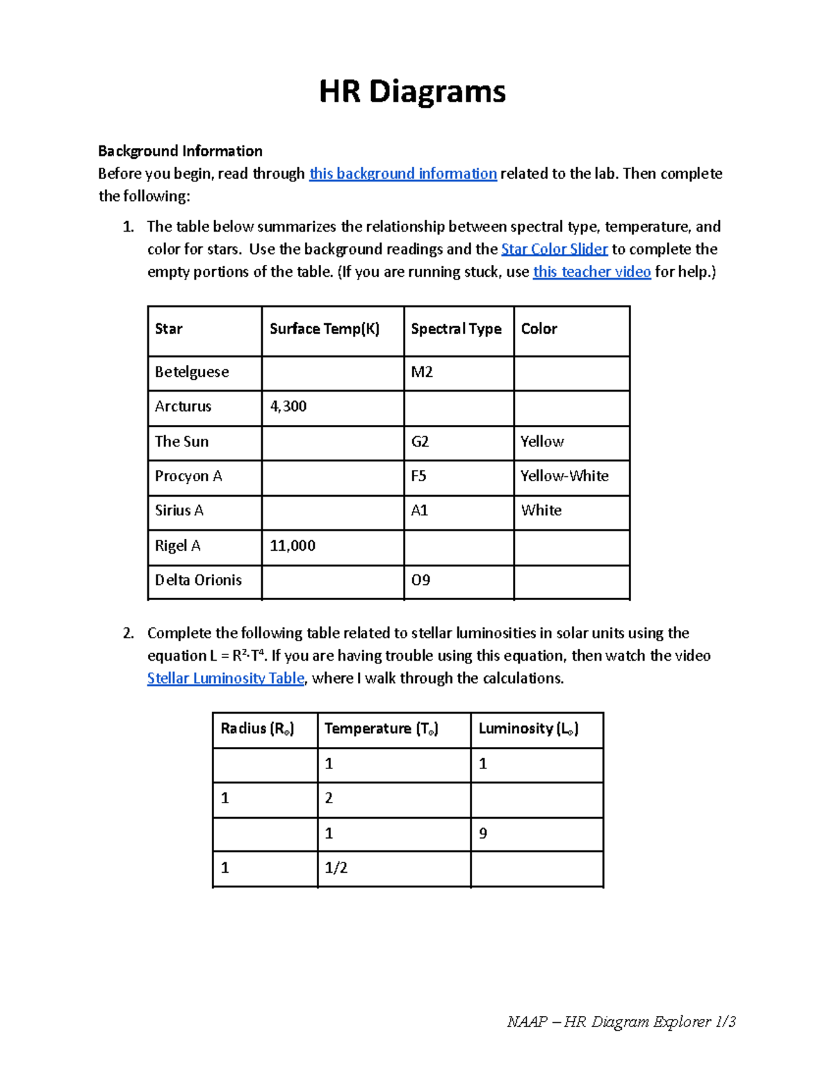 HR Diagrams - Homework - HR Diagrams Background Information Before you ...
