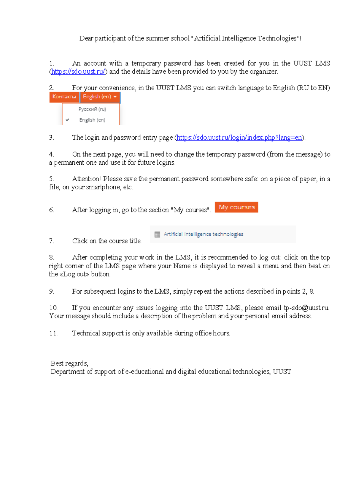 Instruction of LMS - Dear participant of the summer school "Artificial ...