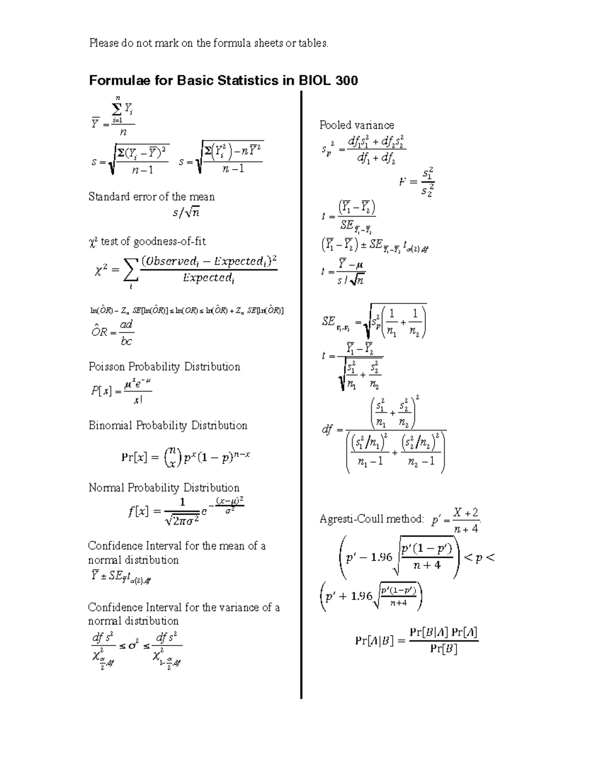 Formula&tables - Formula - Please do not mark on the formula sheets or ...