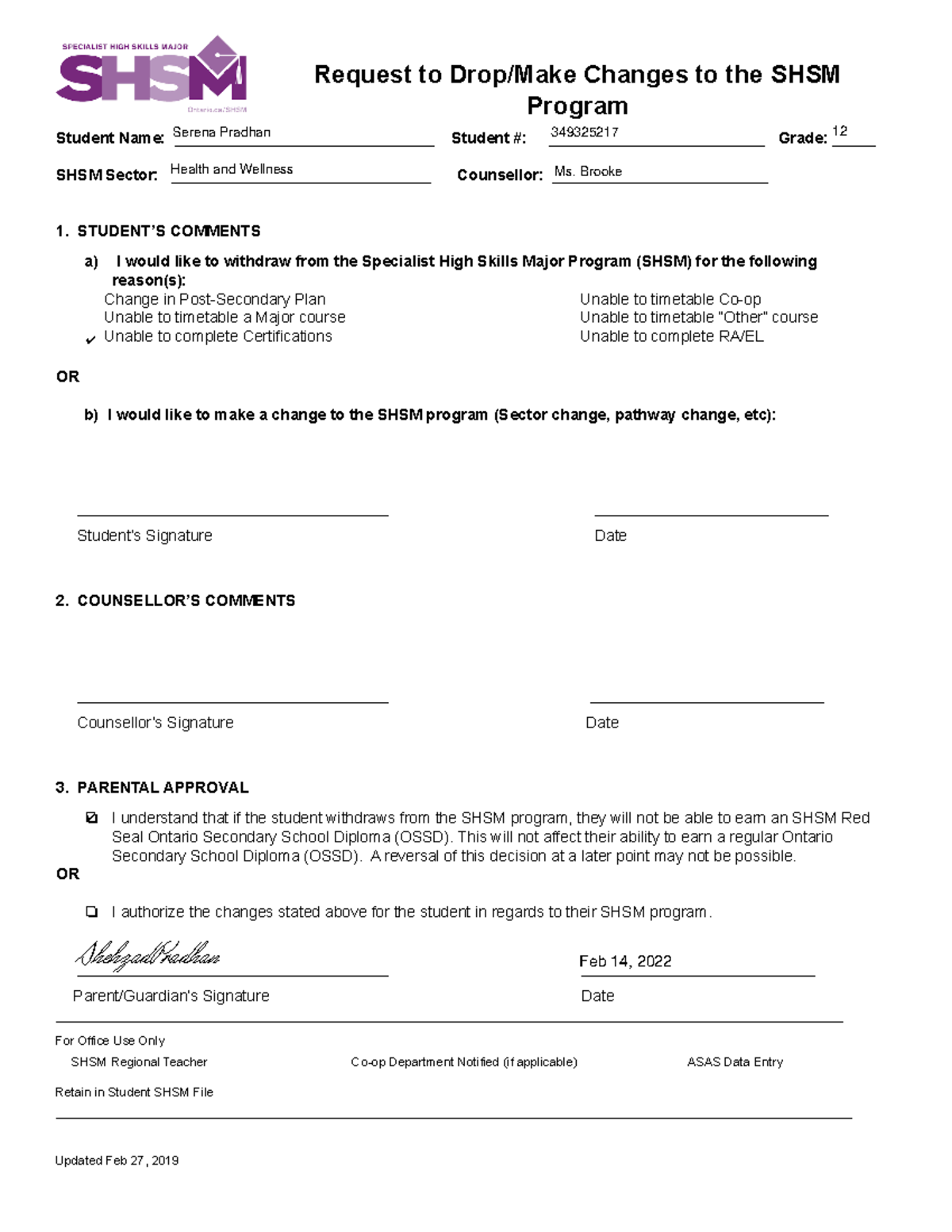 Shsm drop form - isk if you wanna drop shsm this for u - Request to ...