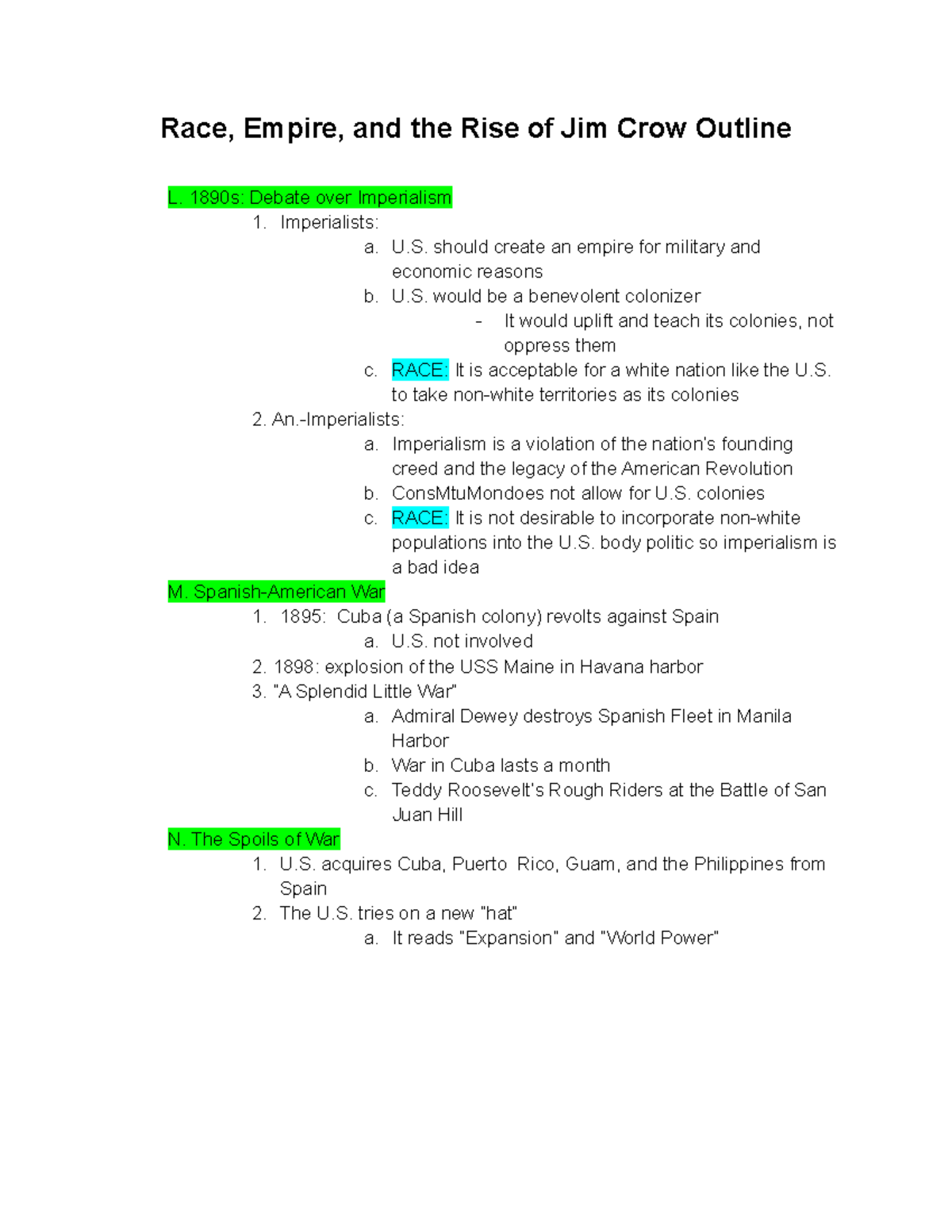 U.S History since 1877- Race, Empire, and the Rise of Jim Crow Outline ...