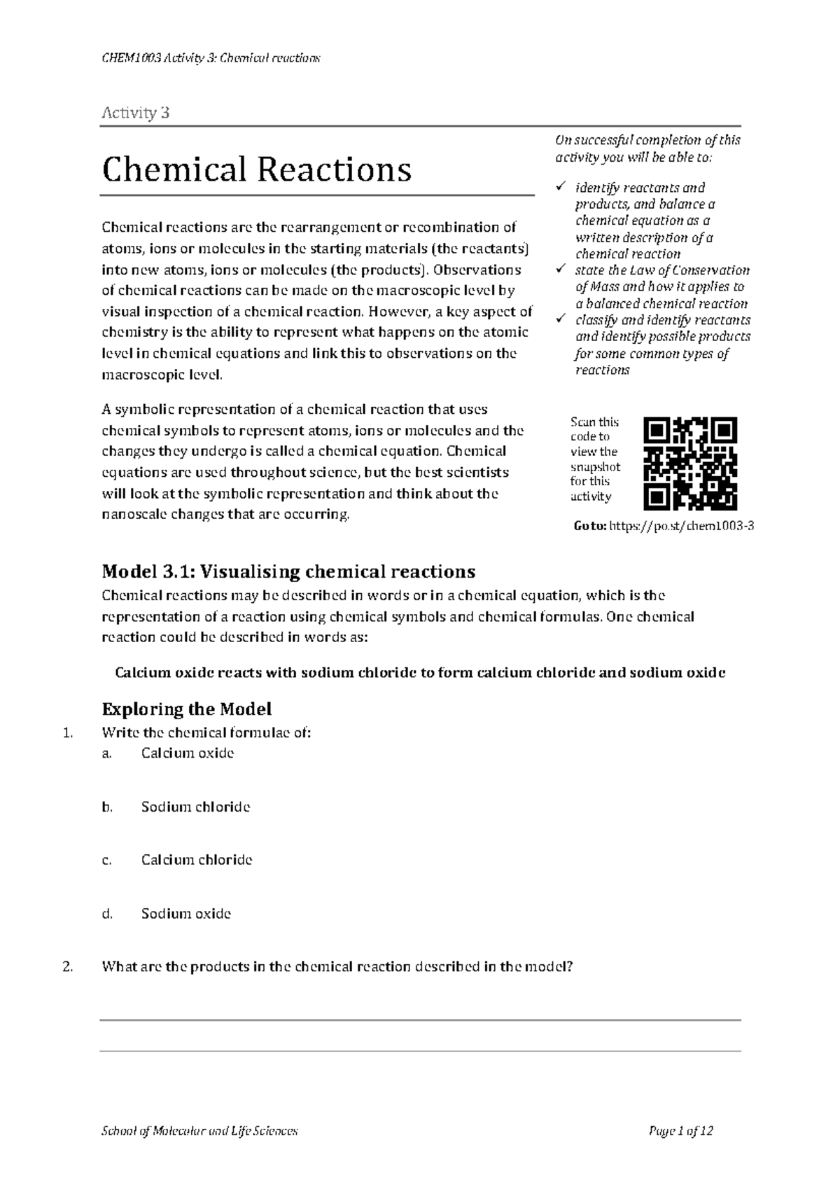 Chem workshop 3 activity - Activity 3 Chemical Reactions Chemical ...