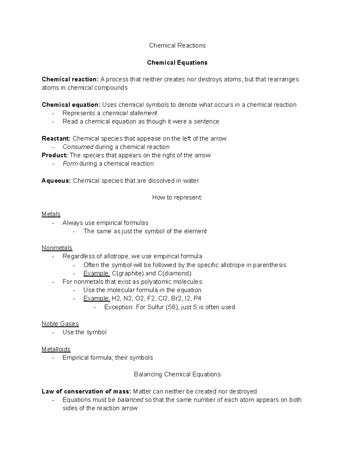 Chem 1311 Chapter 8 Notes Chemical Reactions Chemical Equations Chemical Reaction A Process 