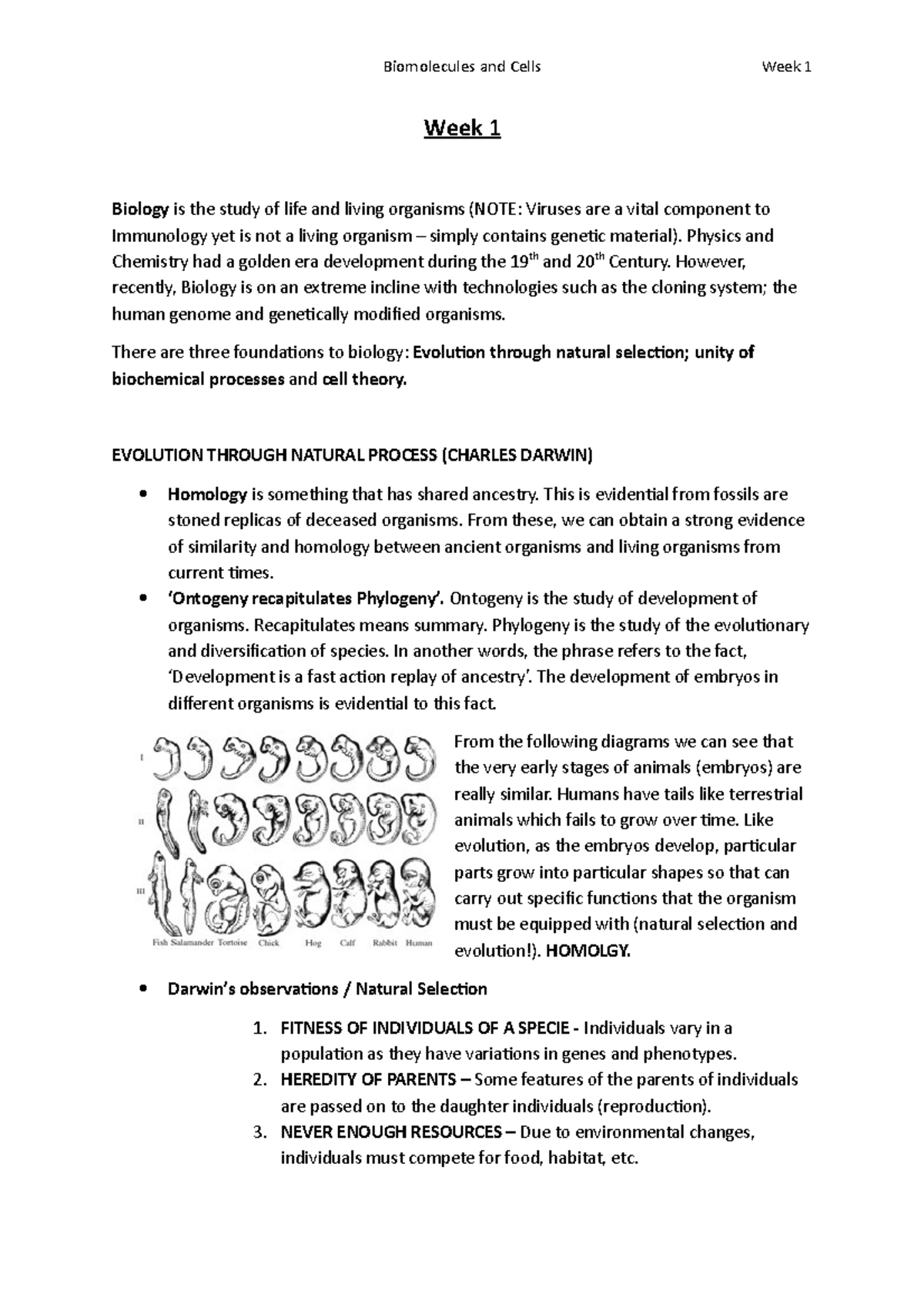 WEEK 1 Lecture summary - Week 1 Biology is the study of life and living ...