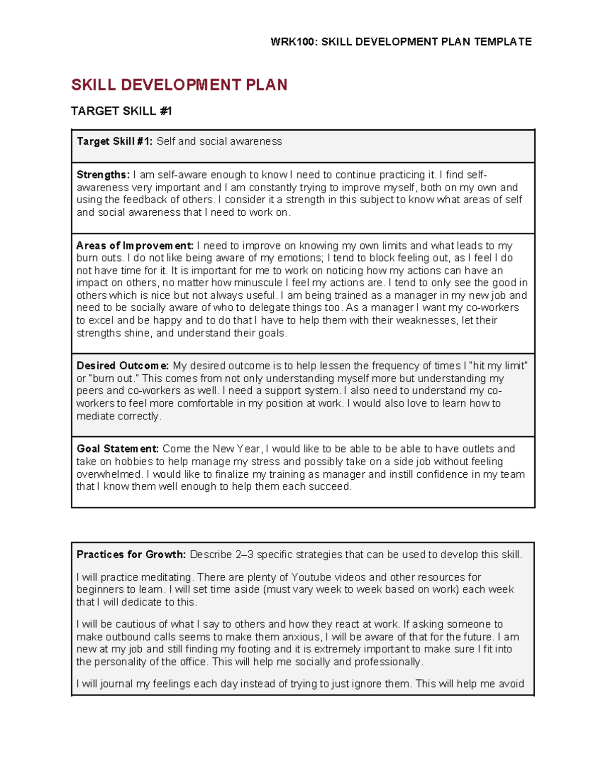 Dana Hartnett WRK 100 Assignment 3 Skill Development Plan - SKILL ...