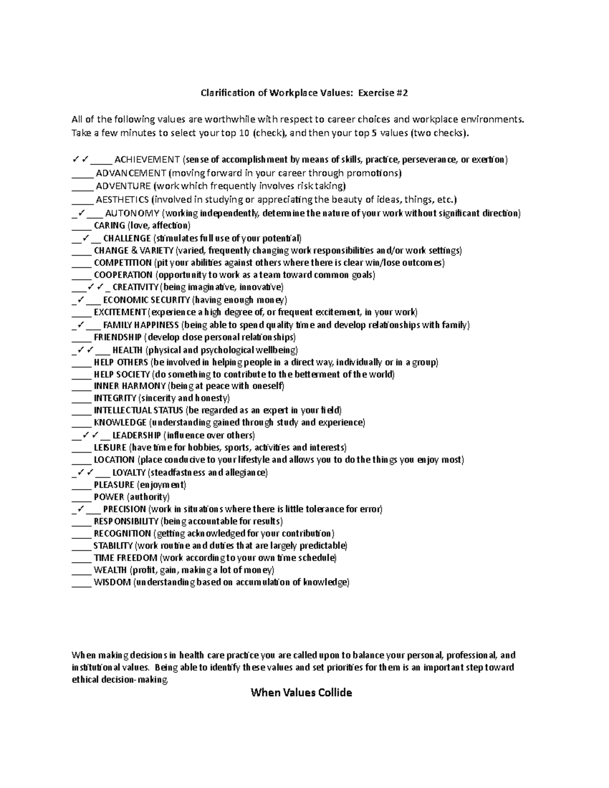 Exercise 2 Final - tutorial work - Clarification of Workplace Values ...