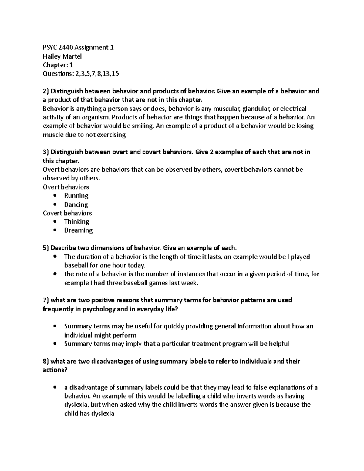 PSYC 2440 Assignment 2 - Psych 2440 - PSYC 2440 Assignment 1 Hailey Martel Chapter: 1 Quesions ...