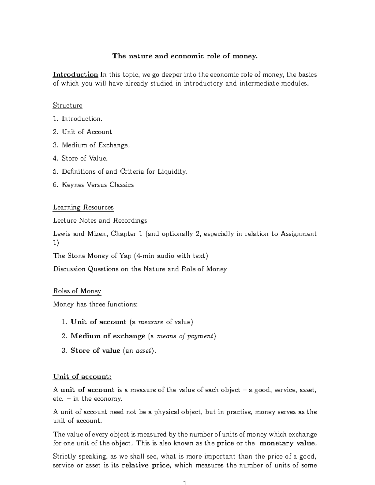 Lecture 1 - The nature and economic role of money - The nature and ...