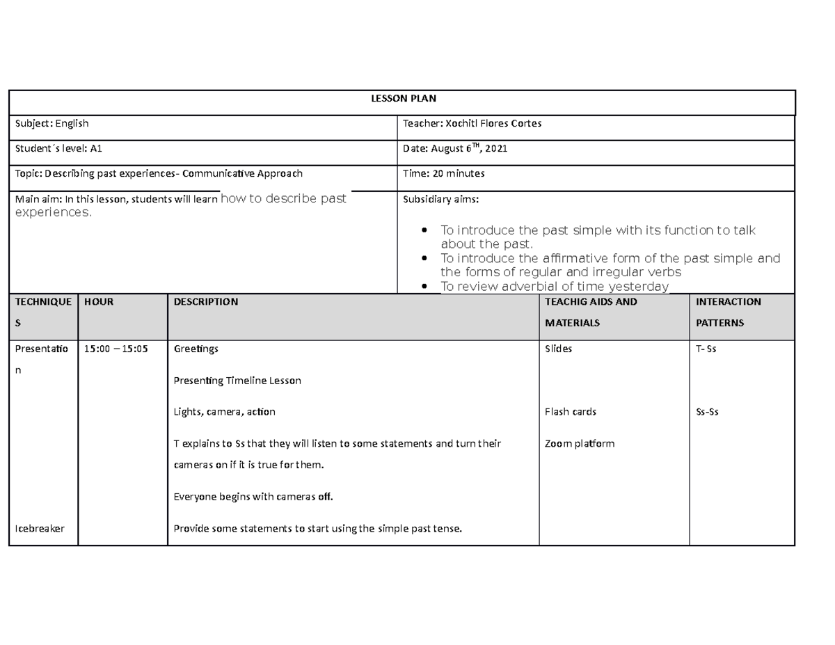 Lesson PLAN XFC - N/A - LESSON PLAN Subject: English Teacher: Xochitl ...