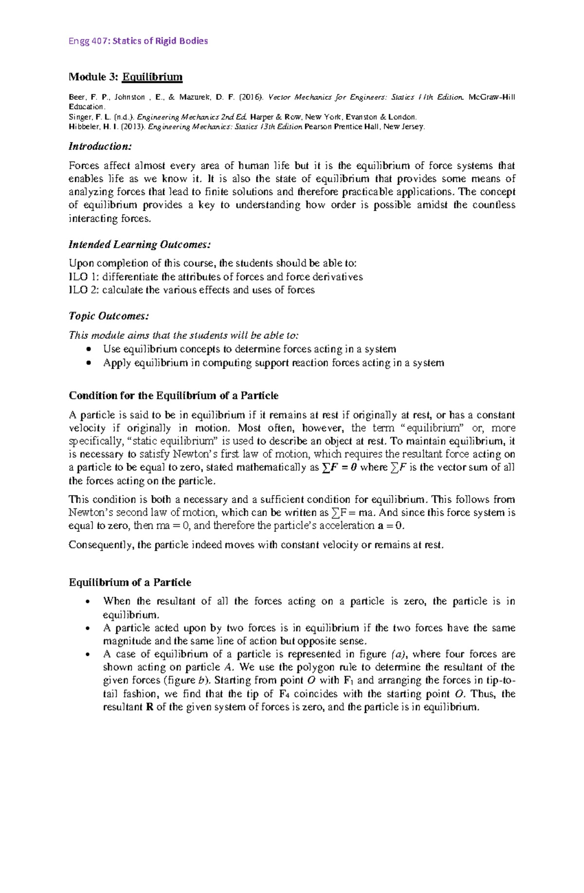 Module-3-2023 - math - Module 3: Equilibrium Beer, F. P., Johnston , E ...