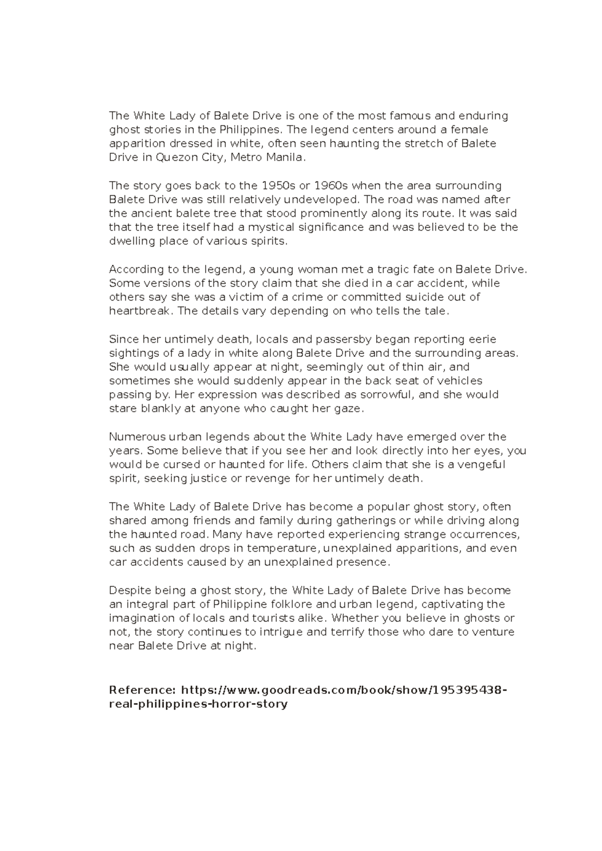 White Lady of Balete Drive - The legend centers around a female ...