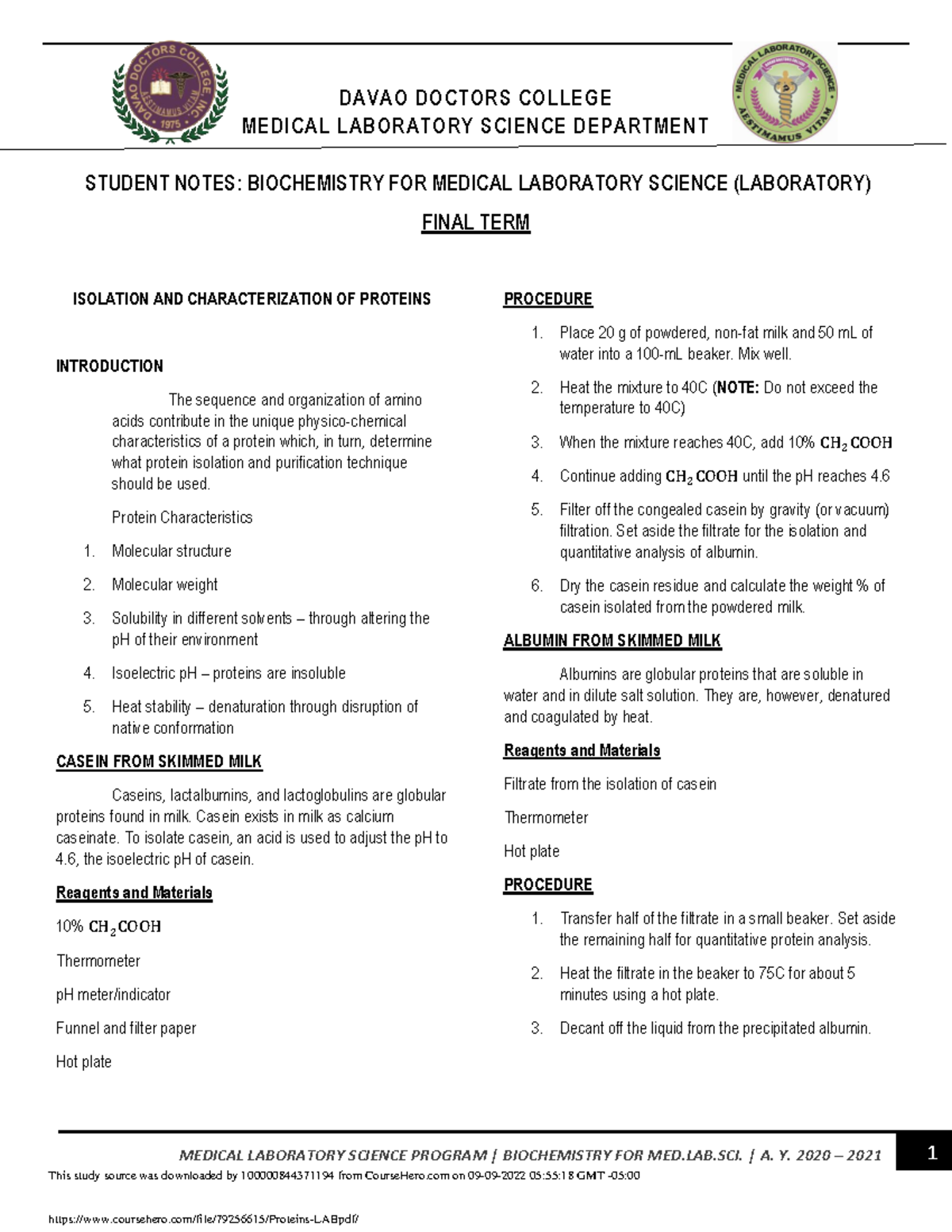 Proteins LAB - Notes for everyone - MEDICAL LABORATORY SCIENCE PROGRAM ...