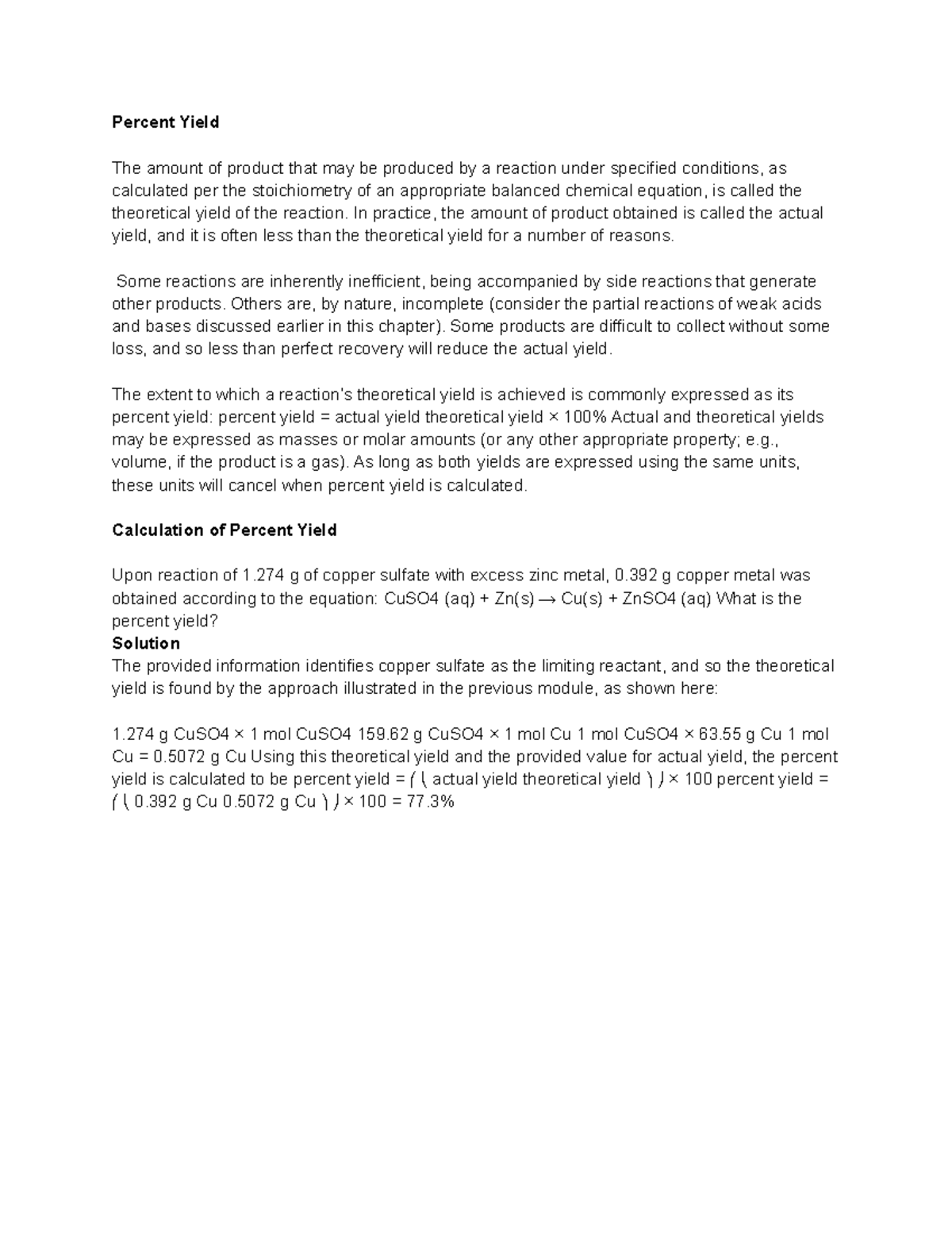 Percent Yield - Lecture notes 5 - Percent Yield The amount of product ...