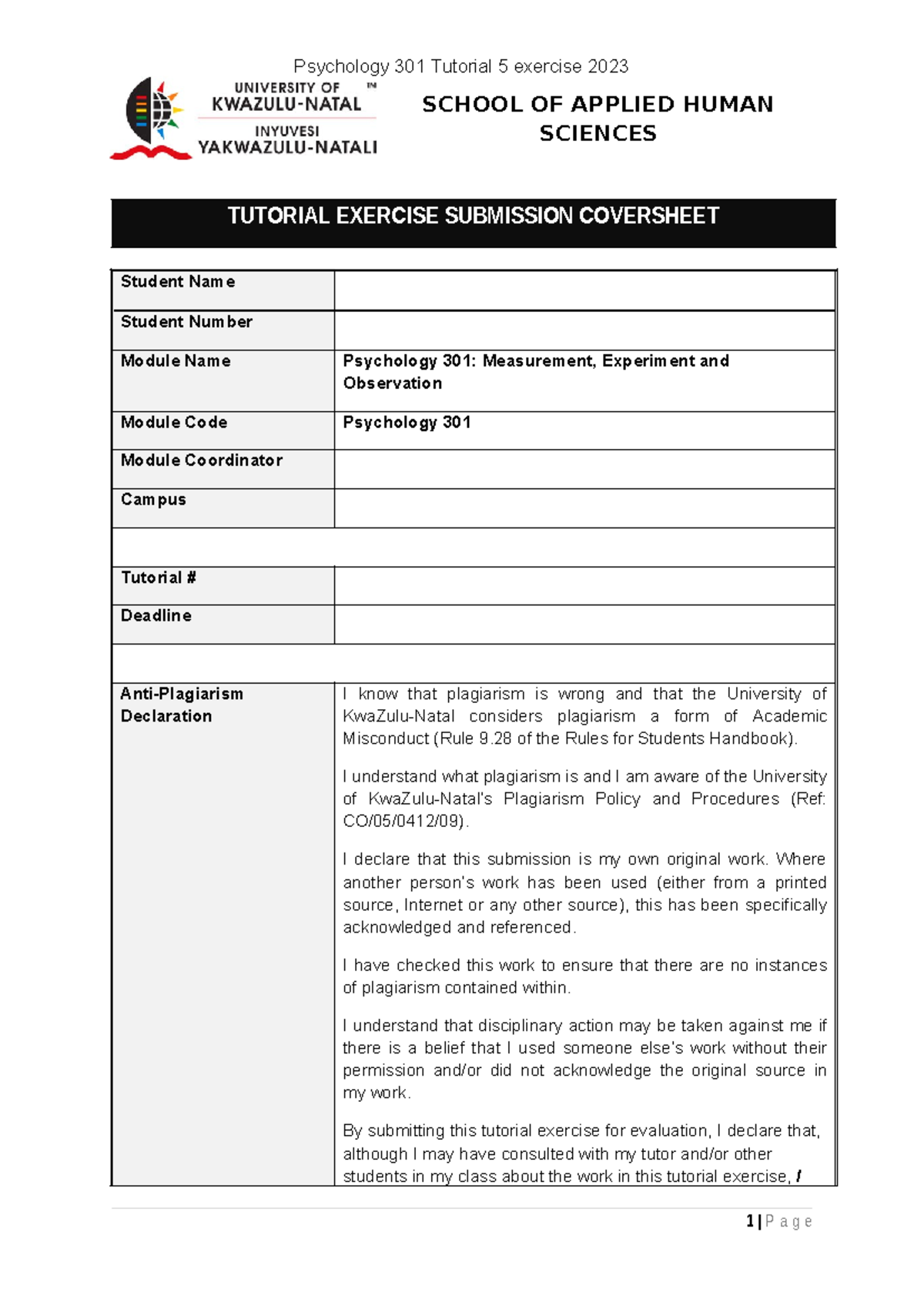 Psych 301 23 Tut 5 exercise - SCHOOL OF APPLIED HUMAN SCIENCES TUTORIAL ...