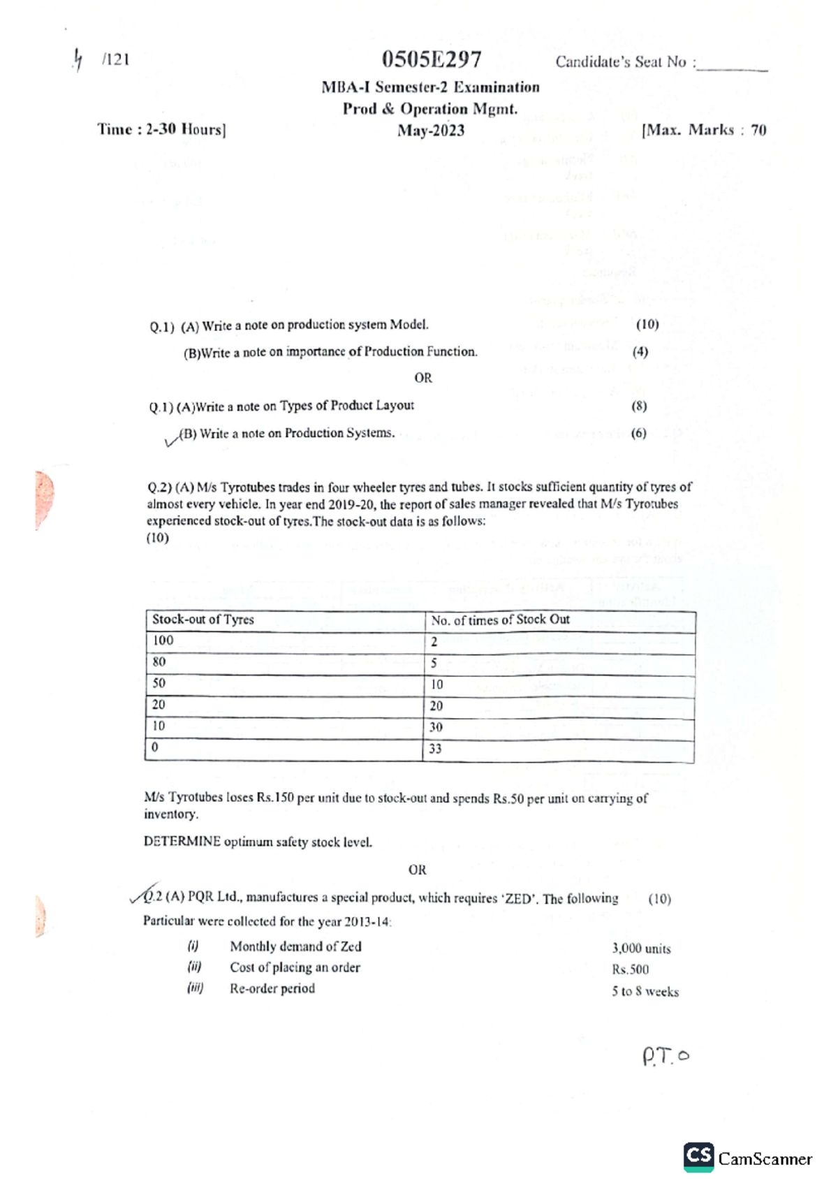 SET Papers - paper - 0505E297 Seat No : Examination Prod Operation Mgmt ...