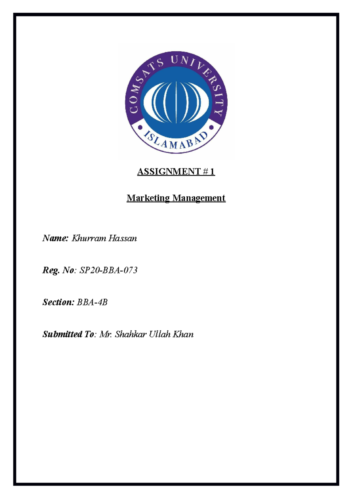 Assignmen 1 marketing manag - ASSIGNMENT # 1 Marketing Management Name ...
