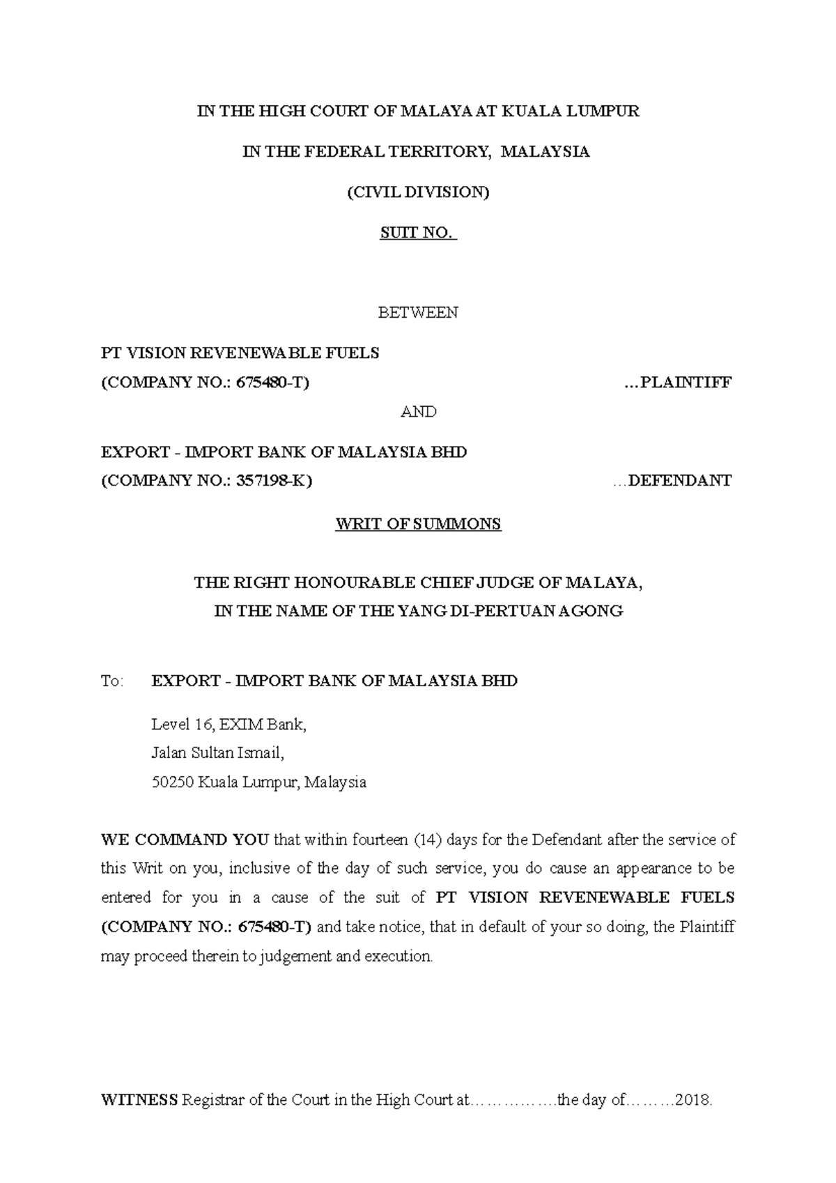 1. WRIT CP - writ - IN THE HIGH COURT OF MALAYA AT KUALA LUMPUR IN THE FEDERAL TERRITORY ...