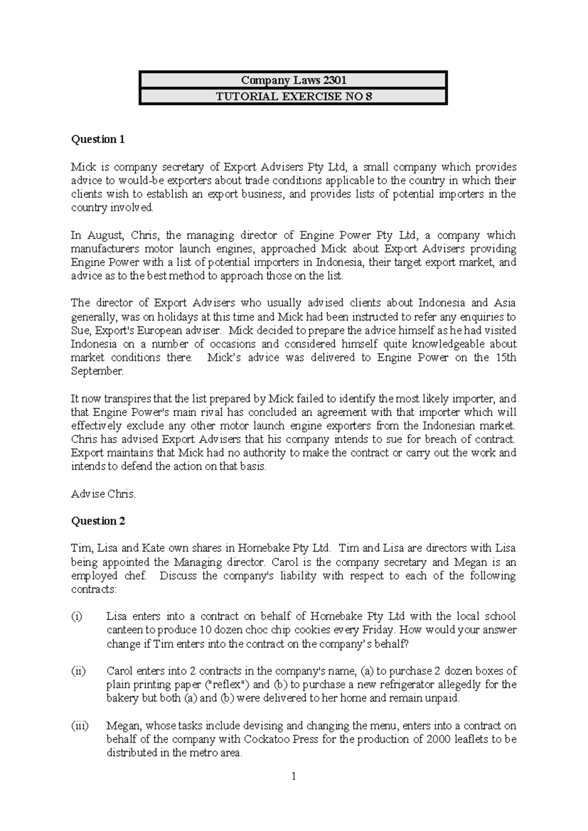 Tutorial Exercise NO 8 Company Laws 2301 - Company Laws 2301 TUTORIAL EXERCISE NO 8 Question 1 ...