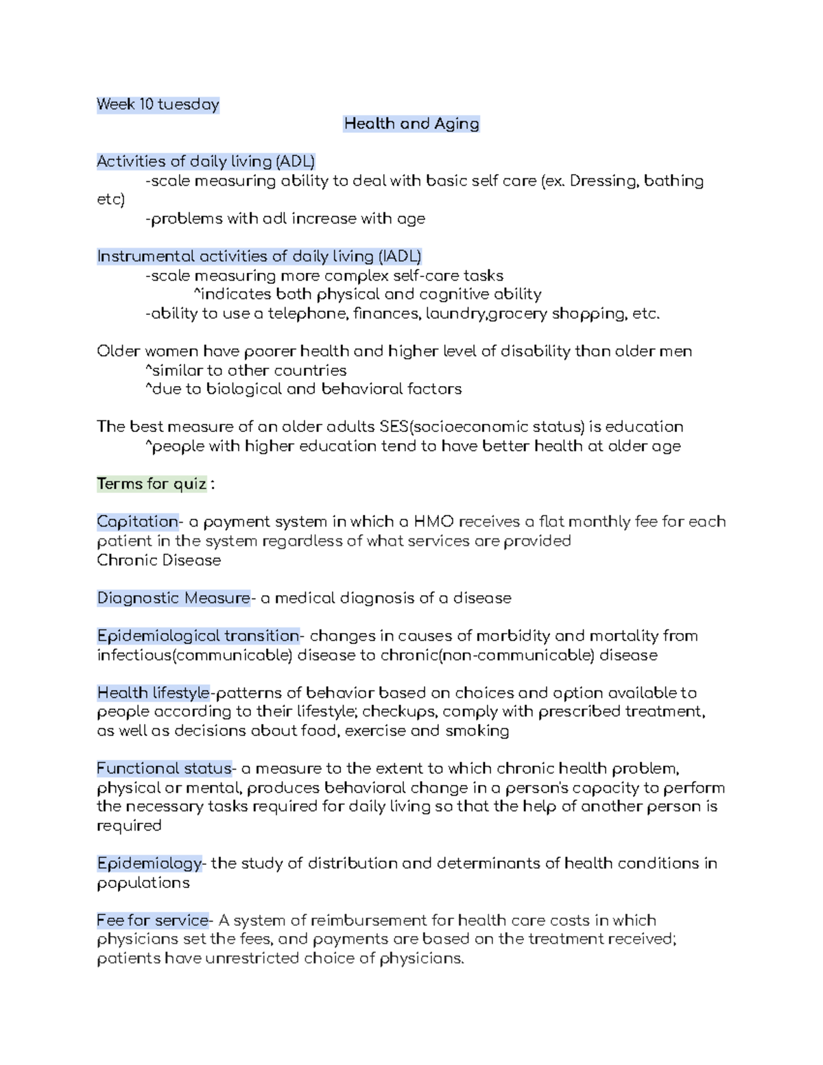 Gty classs notes week 10 day 1 - Week 10 tuesday Health and Aging ...