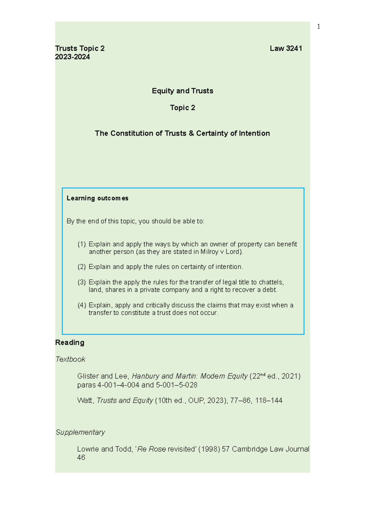 Trusts 2 - Handout (2023) - Trusts Topic 2 Law 3241 2023- Equity and ...
