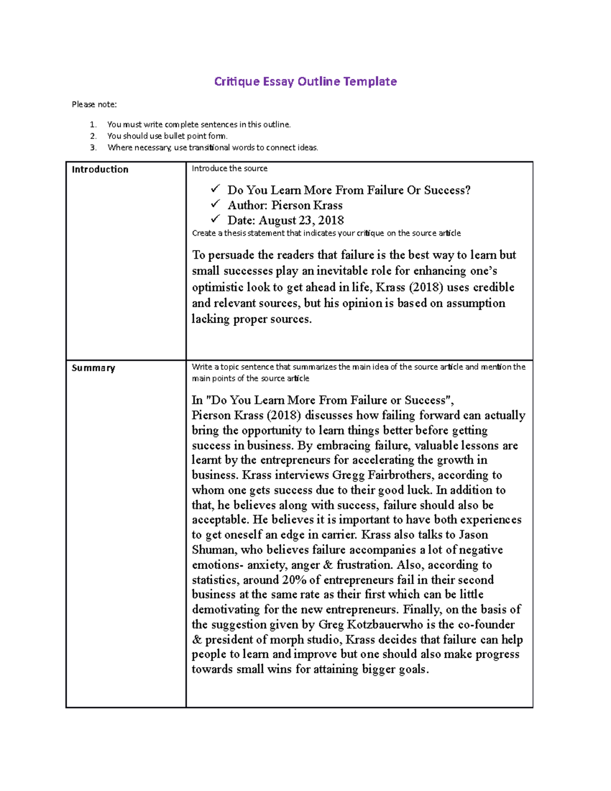 N outline n and draft - Com 171 - Critique Essay Outline Template ...