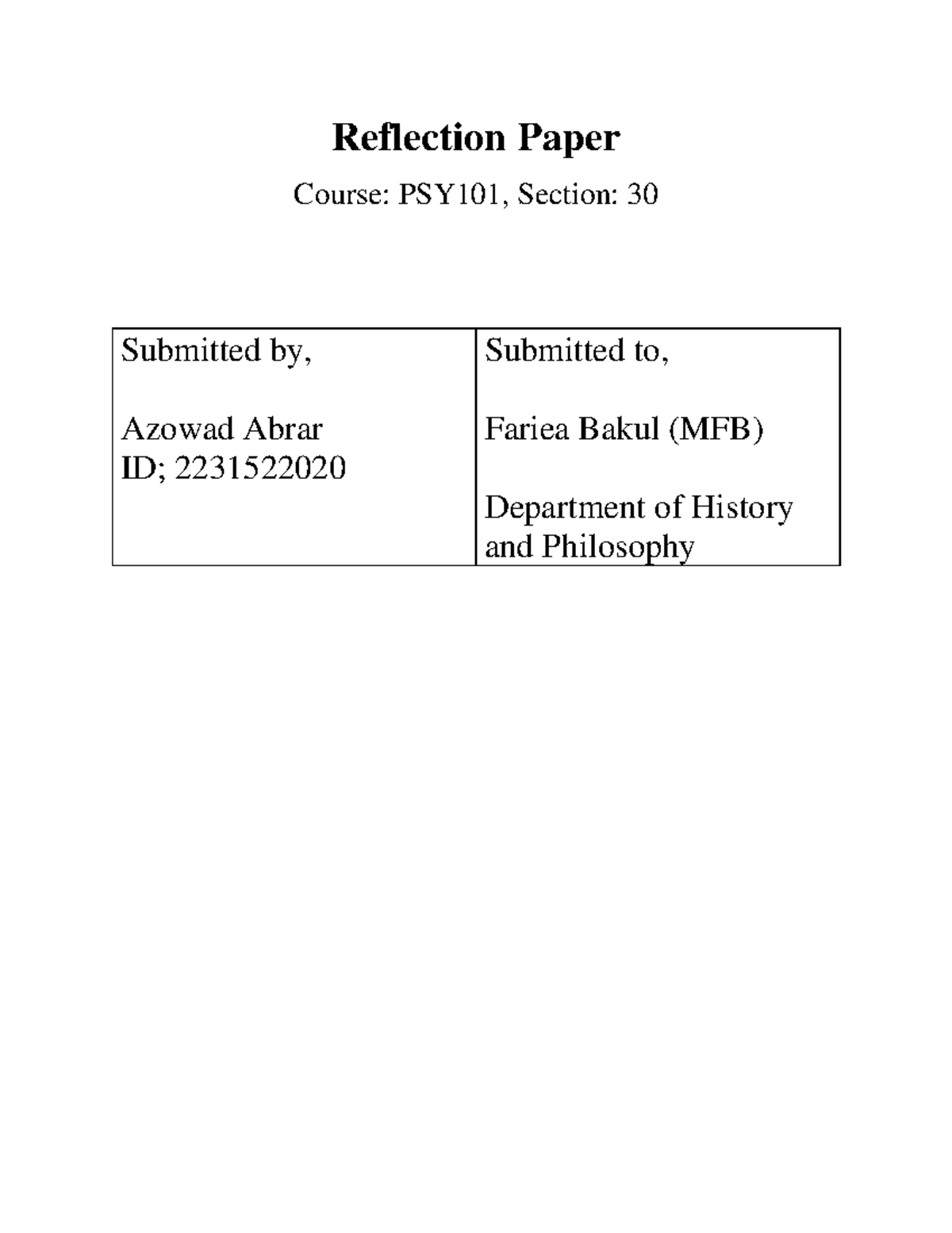 Reflection Paper PSY101 - Reflection Paper Course: PSY101, Section: 30 Submitted by, Azowad ...