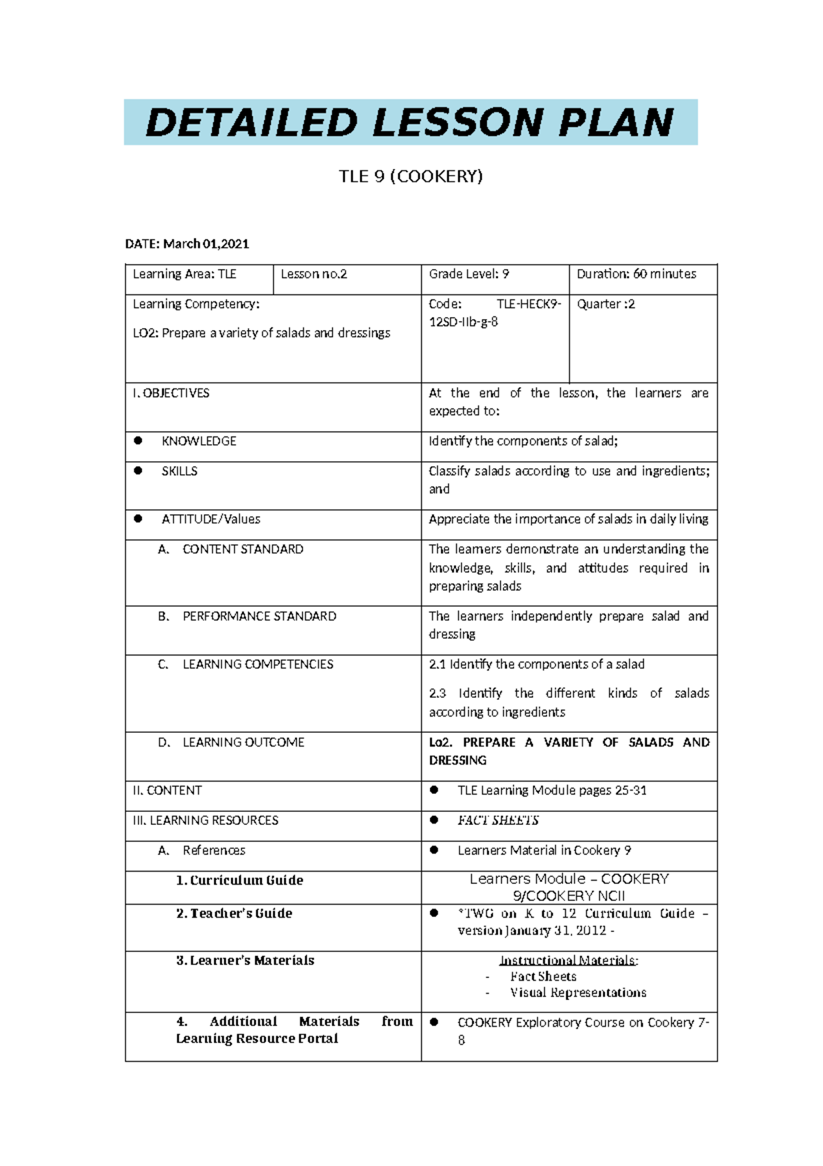 Detailed Lesson PLAN- Overview of Salad and Dressings - DETAILED LESSON ...