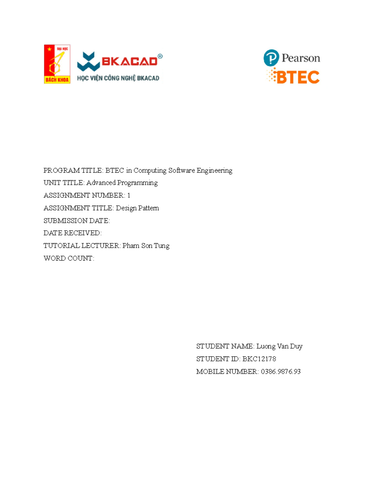Lương Văn Duy BKC12178 Advanced Programming - PROGRAM TITLE: BTEC in ...