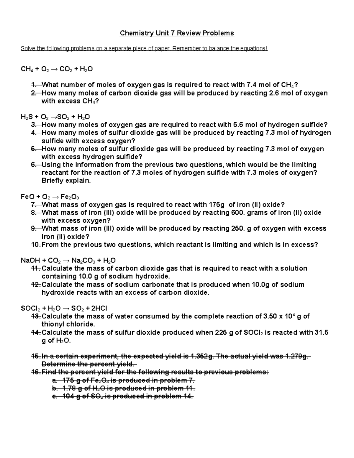 Ch9 Review - Chemistry Unit 7 Review Problems Solve the following ...