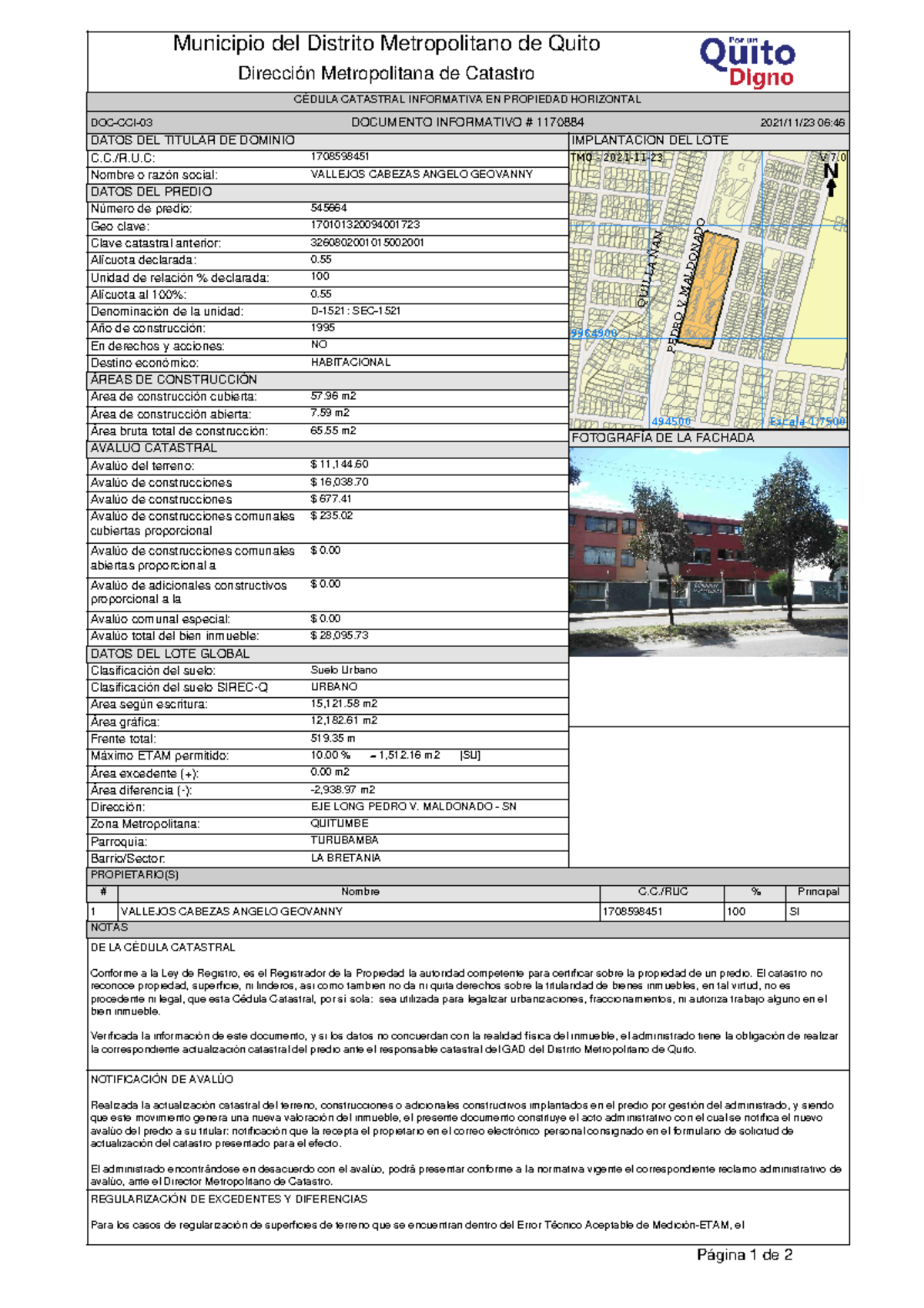 Cedula Catastral 545664 - Municipio del Distrito Metropolitano de Quito ...