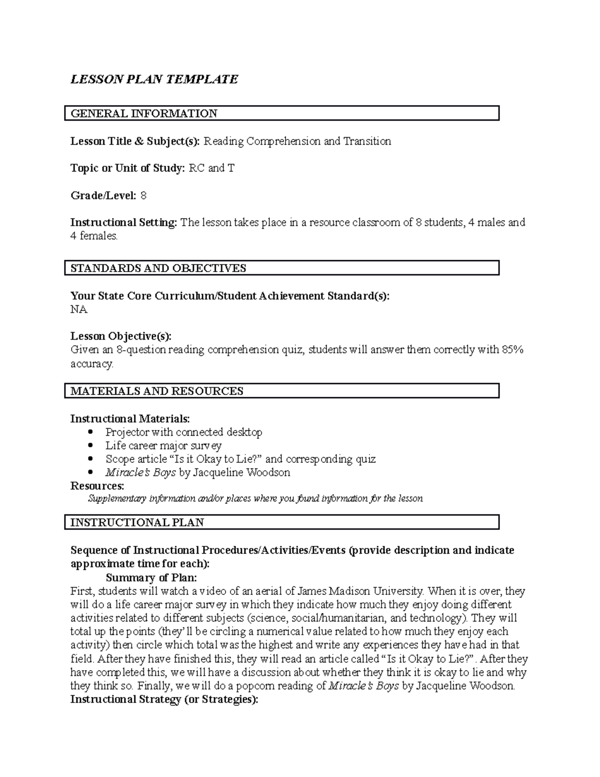 A4 lesson plan 2018 10 04 - LESSON PLAN TEMPLATE GENERAL INFORMATION ...