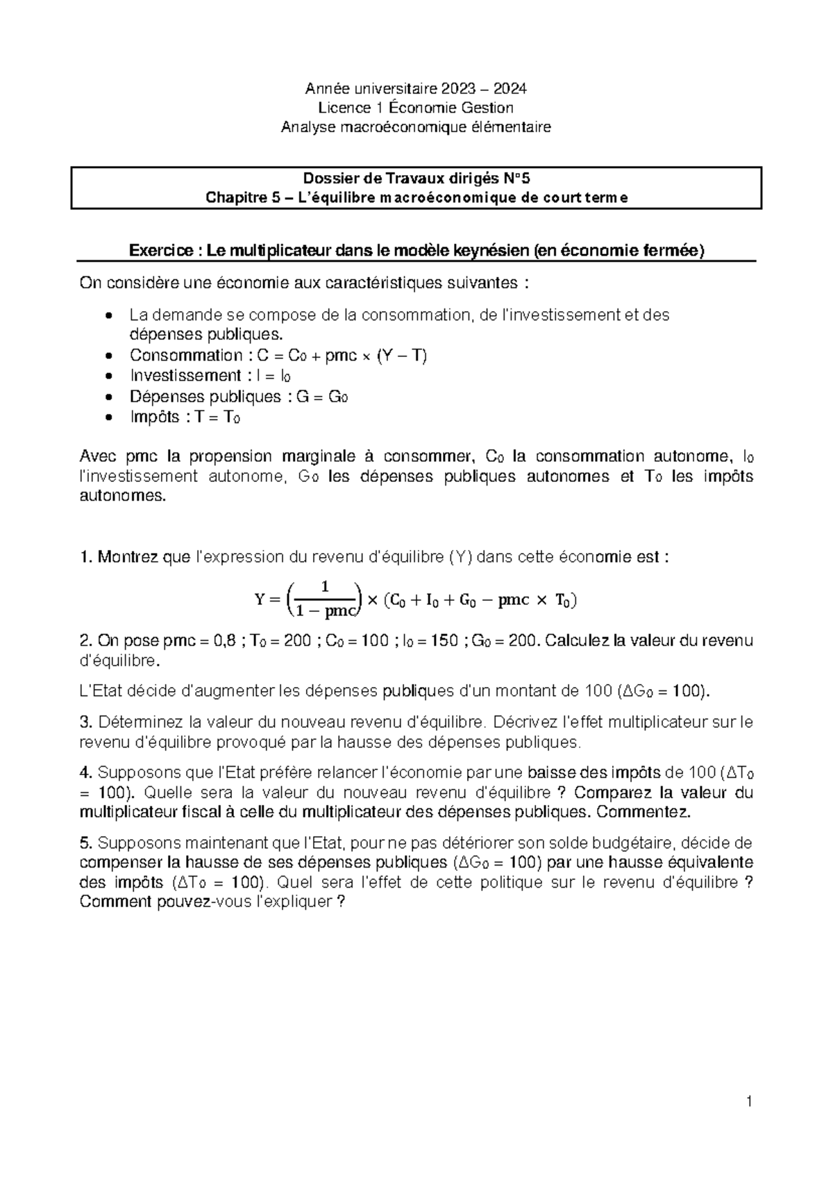 Dossier Td Macro 1 Année Universitaire 2023 2024 Licence 1 Économie