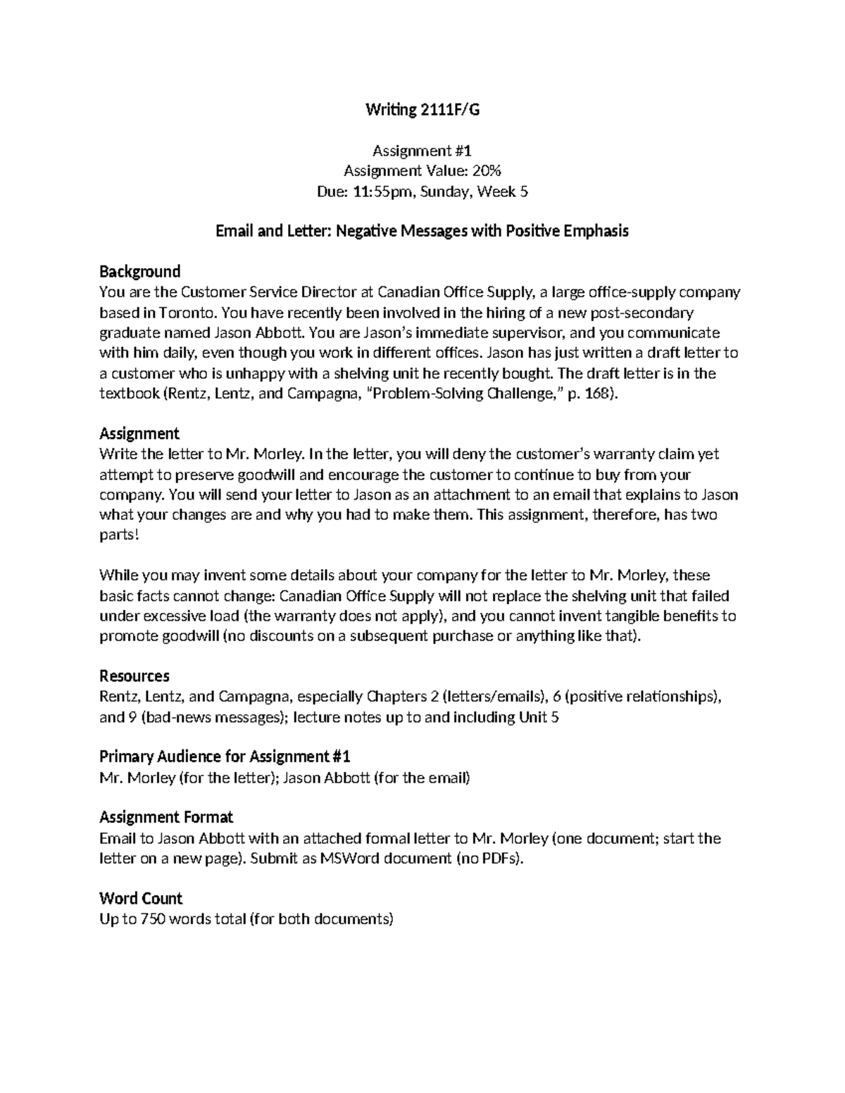 WRIT 2111 Assignment 1 F23 - Writing 2111F/G Assignment # Assignment Value: 20% Due: 11:55pm ...