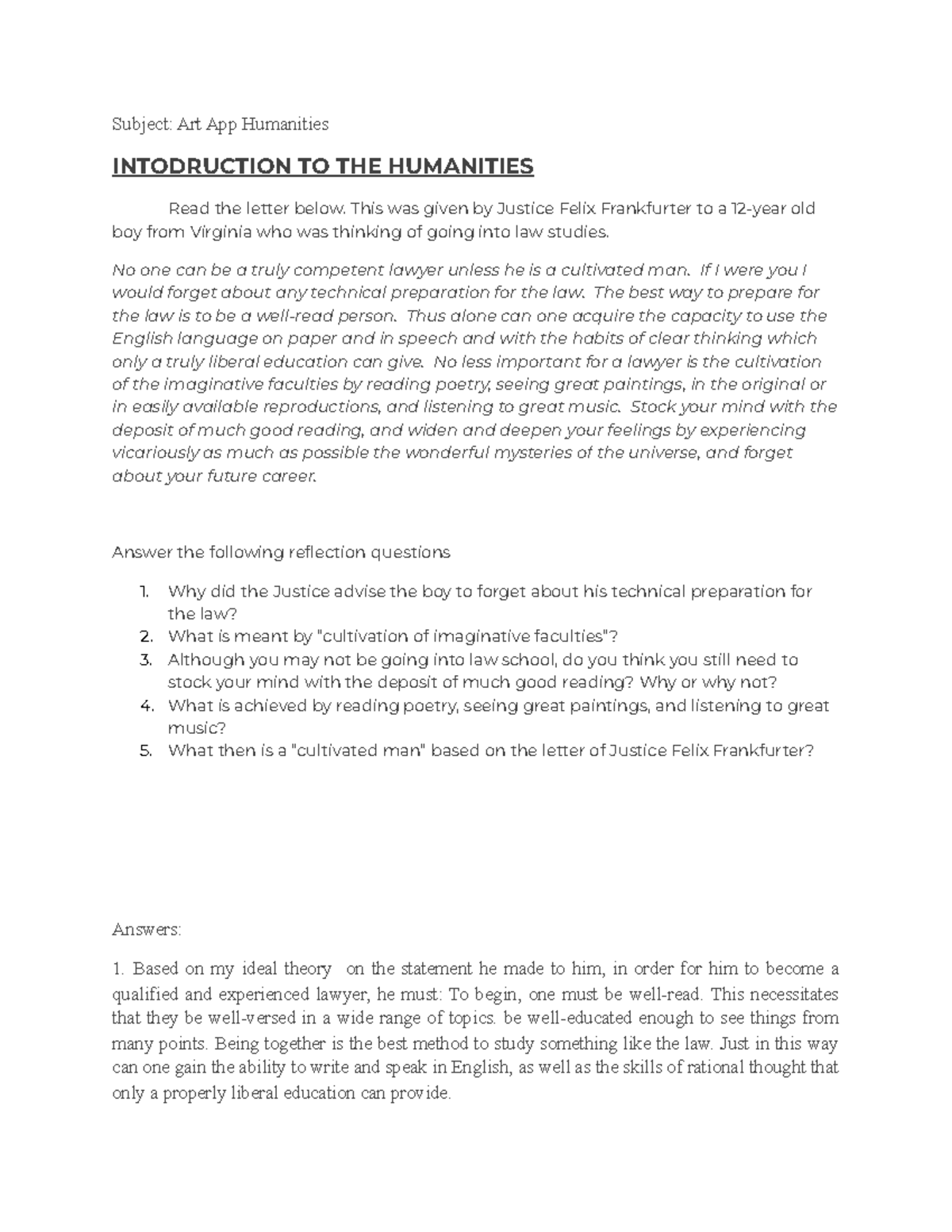 Answer the following reflection questions 1-5 Intodruction TO THE ...