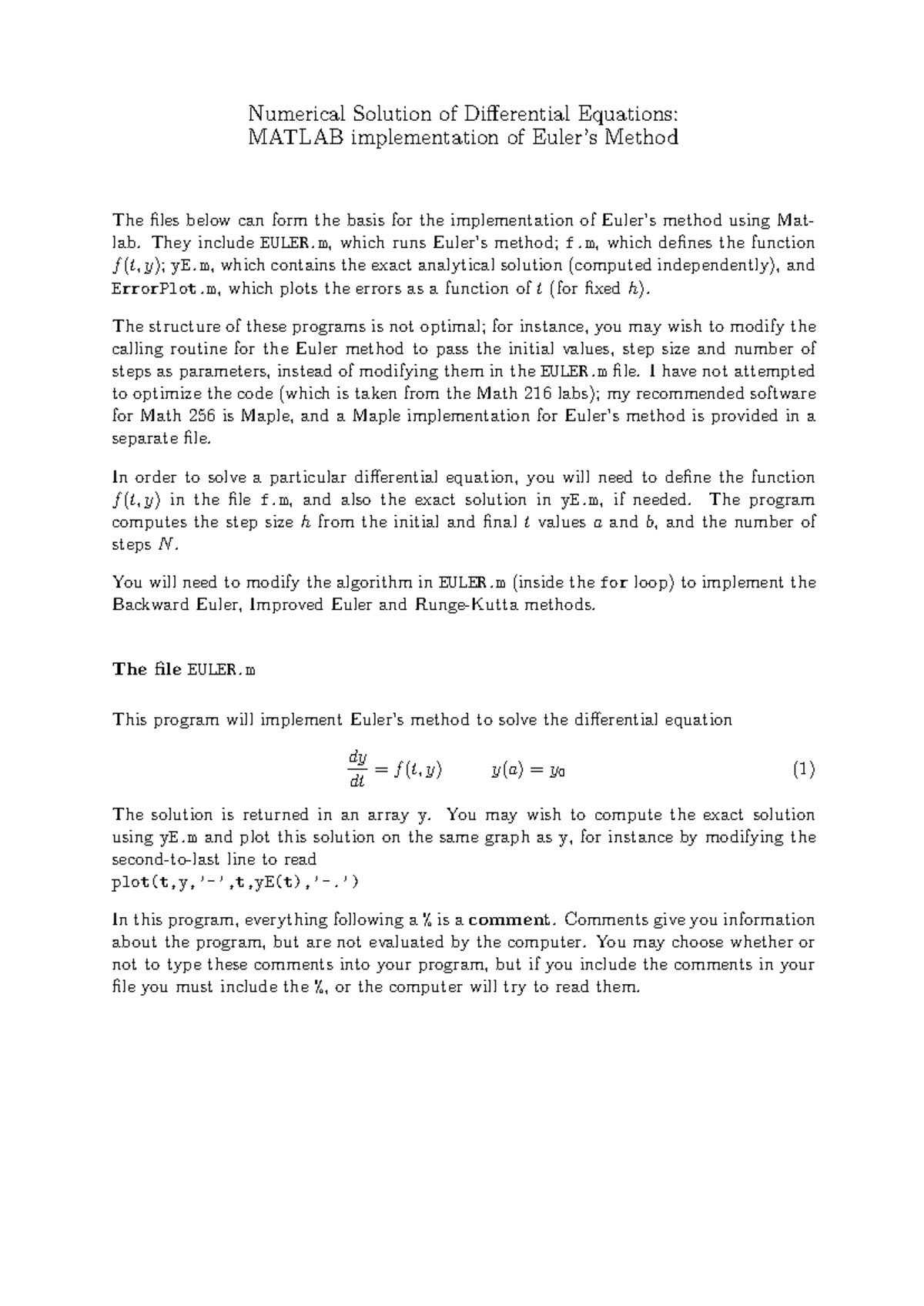 Matlab-Euler - Haha - Numerical Solution of Differential Equations: MATLAB implementation of ...
