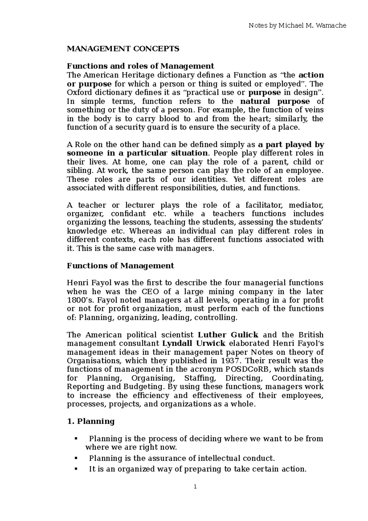 Topic 2 - Management Concepts - MANAGEMENT CONCEPTS Functions and roles ...