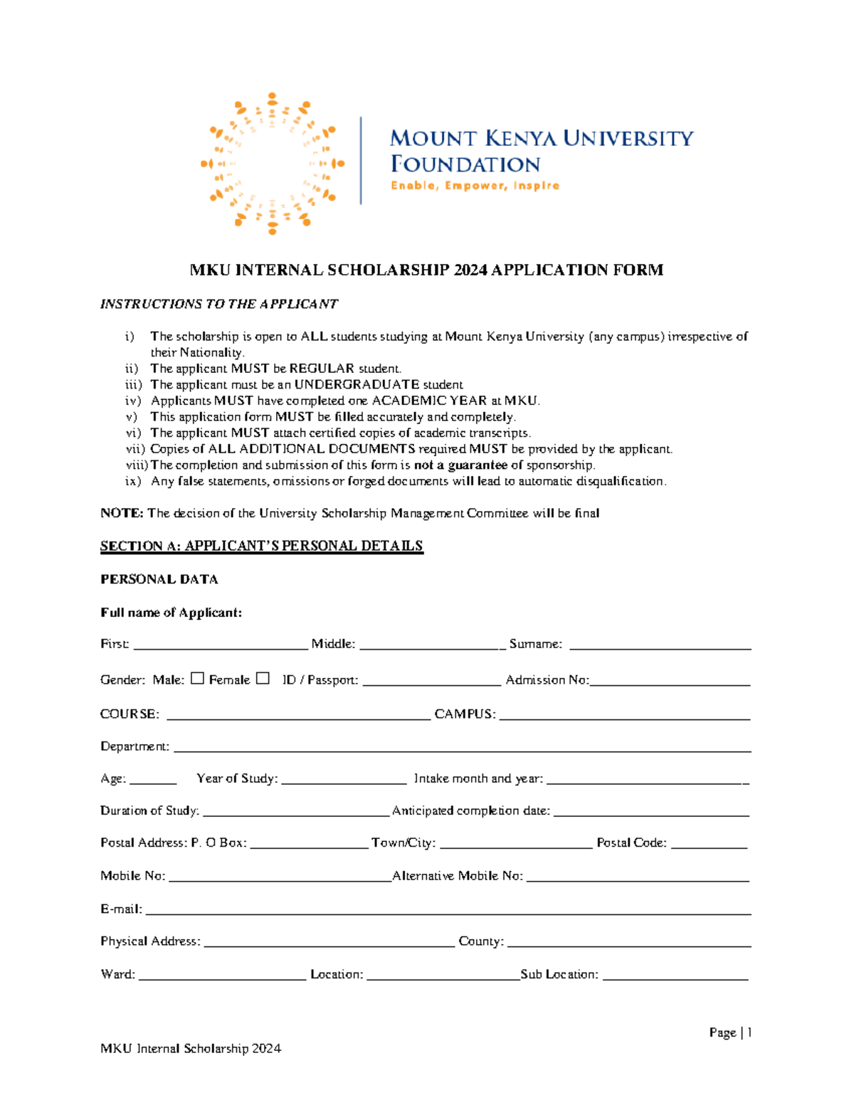 MKU Internal Scholarship Application Form 2024 - Page | 1 MKU INTERNAL ...