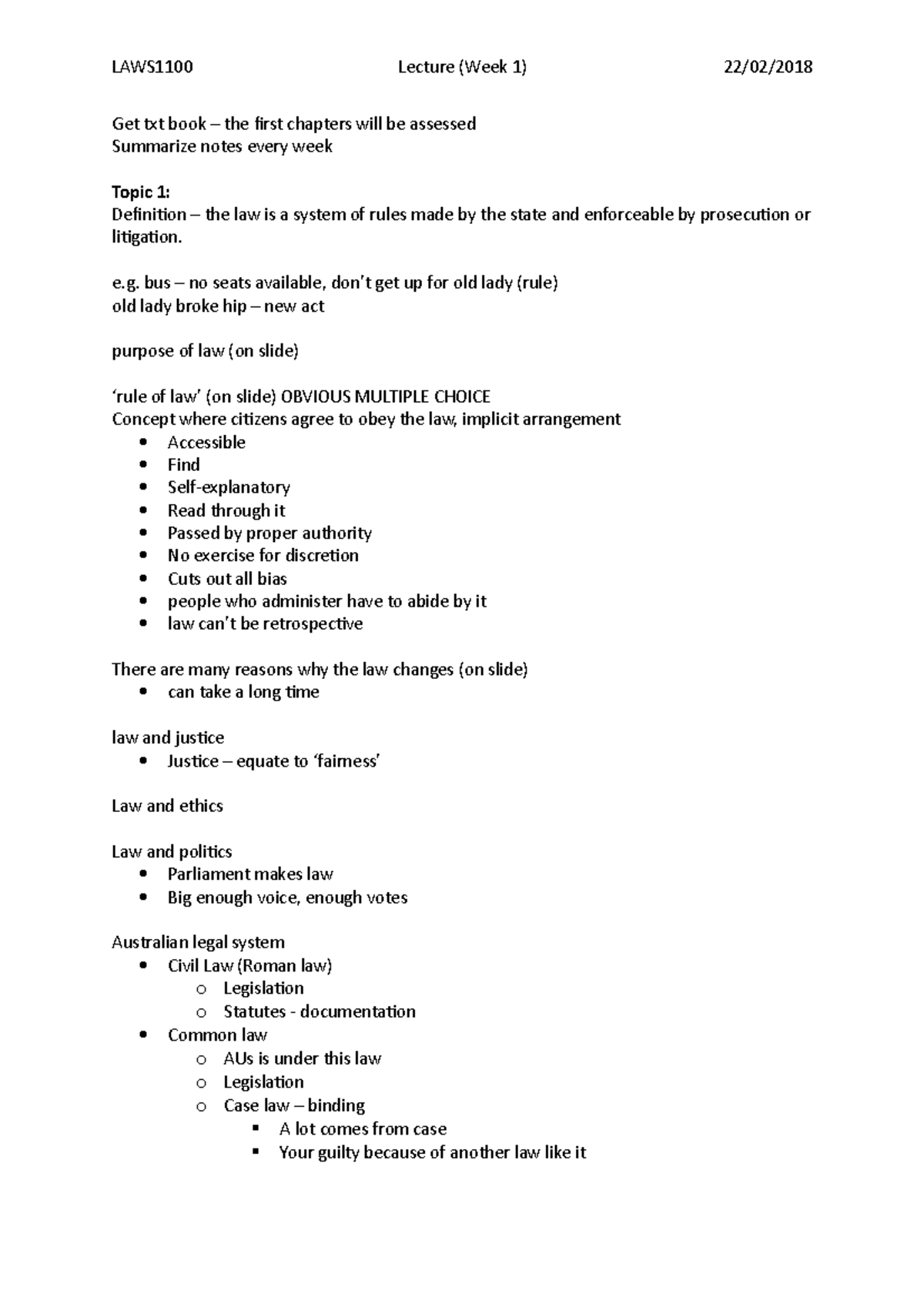 Lecture Notes (Week 1) - LAWS1100 Lecture (Week 1) 22/02/2018 Get txt ...
