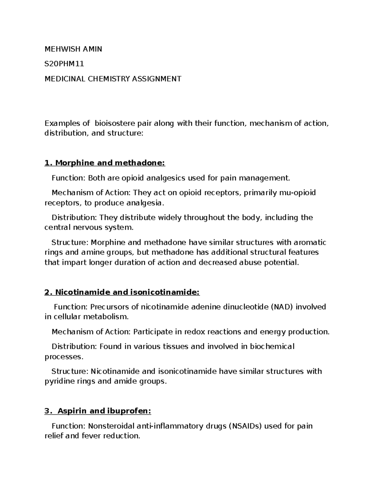 Isosters - ..... - MEHWISH AMIN S20PHM MEDICINAL CHEMISTRY ASSIGNMENT ...