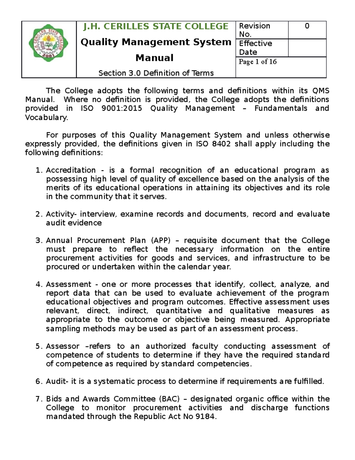 NEW-Clause 3.0 Definition OF Terms-QMS-PPM-1 - J. CERILLES STATE ...