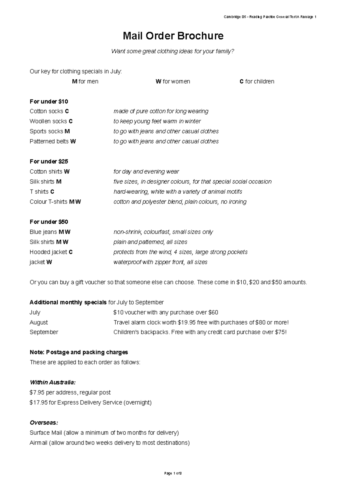 Cambridge 05 Reading Practice General Test A Passage 1 Mail Order ...