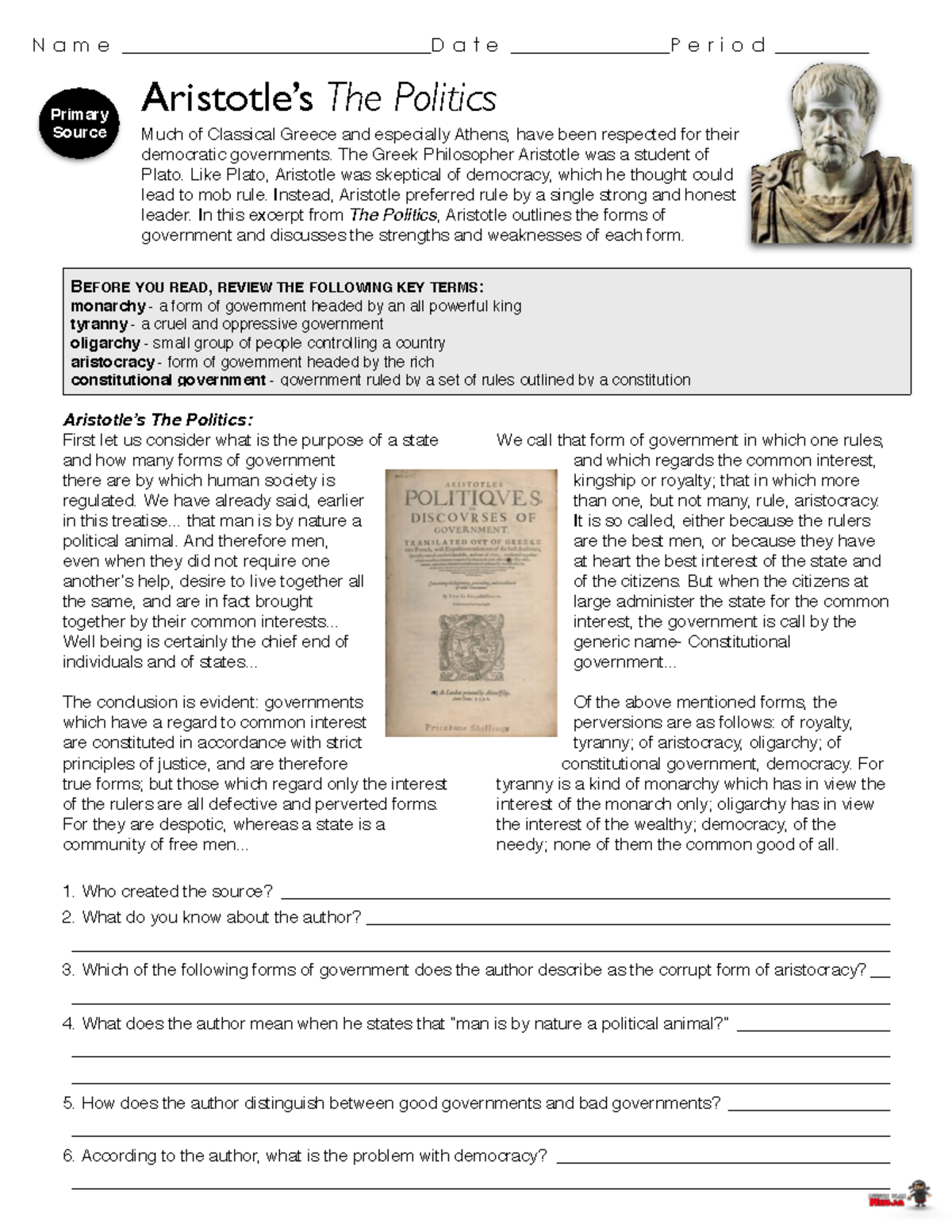 Aristotle's The Politics - N a m e _________________________________D a ...