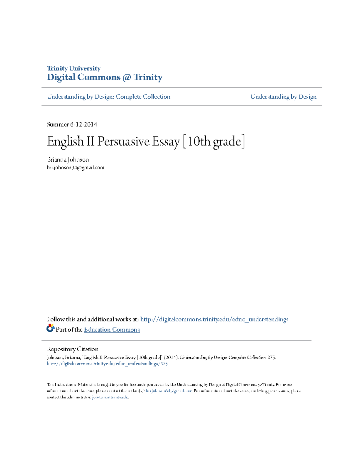 English II Persuasive Essay [10th grade] - Trinity University Digital ...