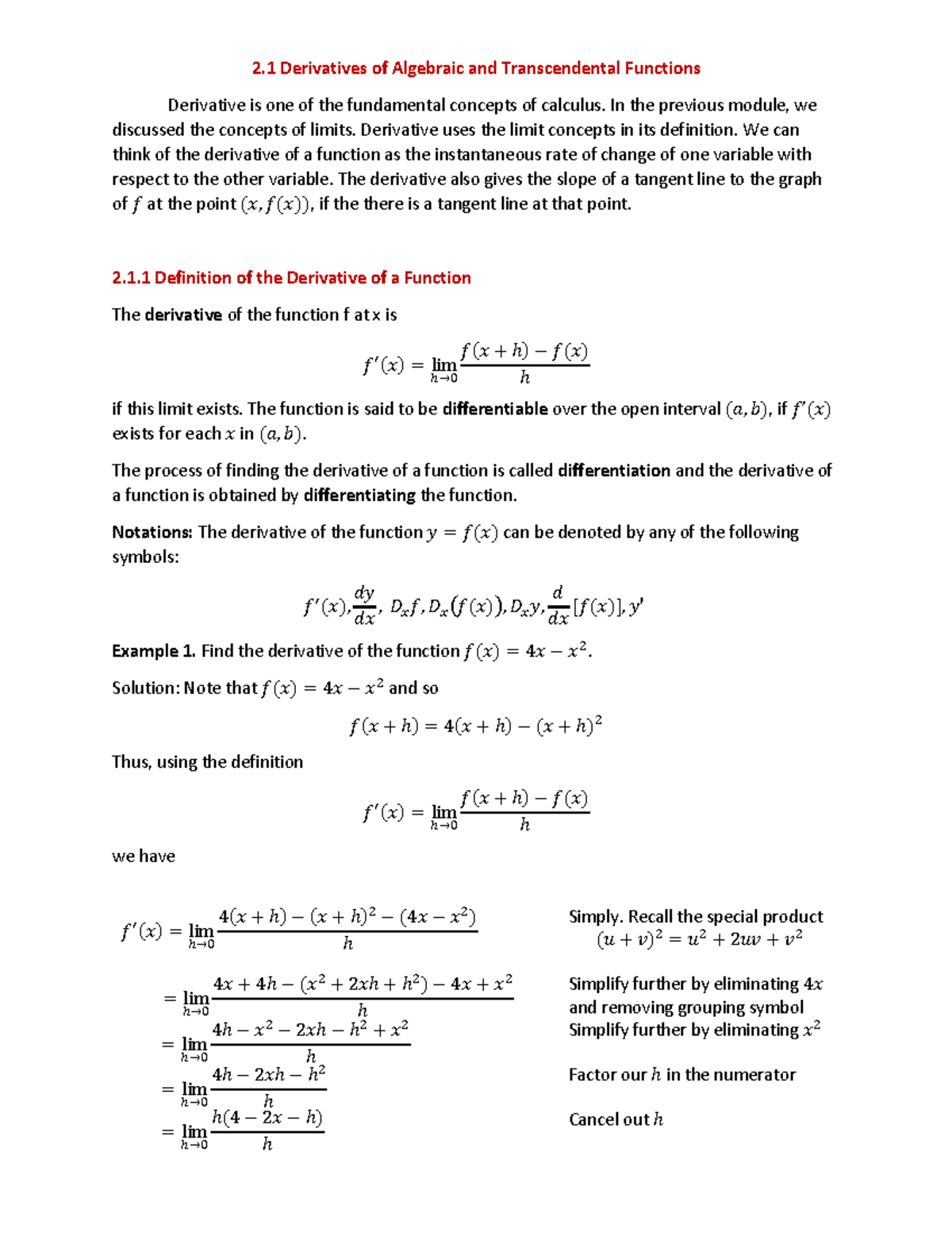 Derivatives of Algebraic and Transcendental Functions - In the previous ...