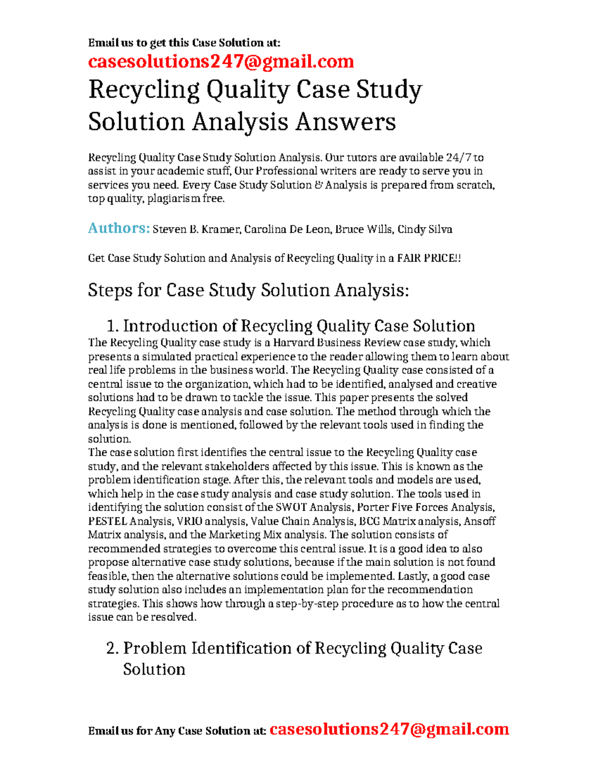 Recycling Quality Case Study Solution Analysis - Our tutors are ...