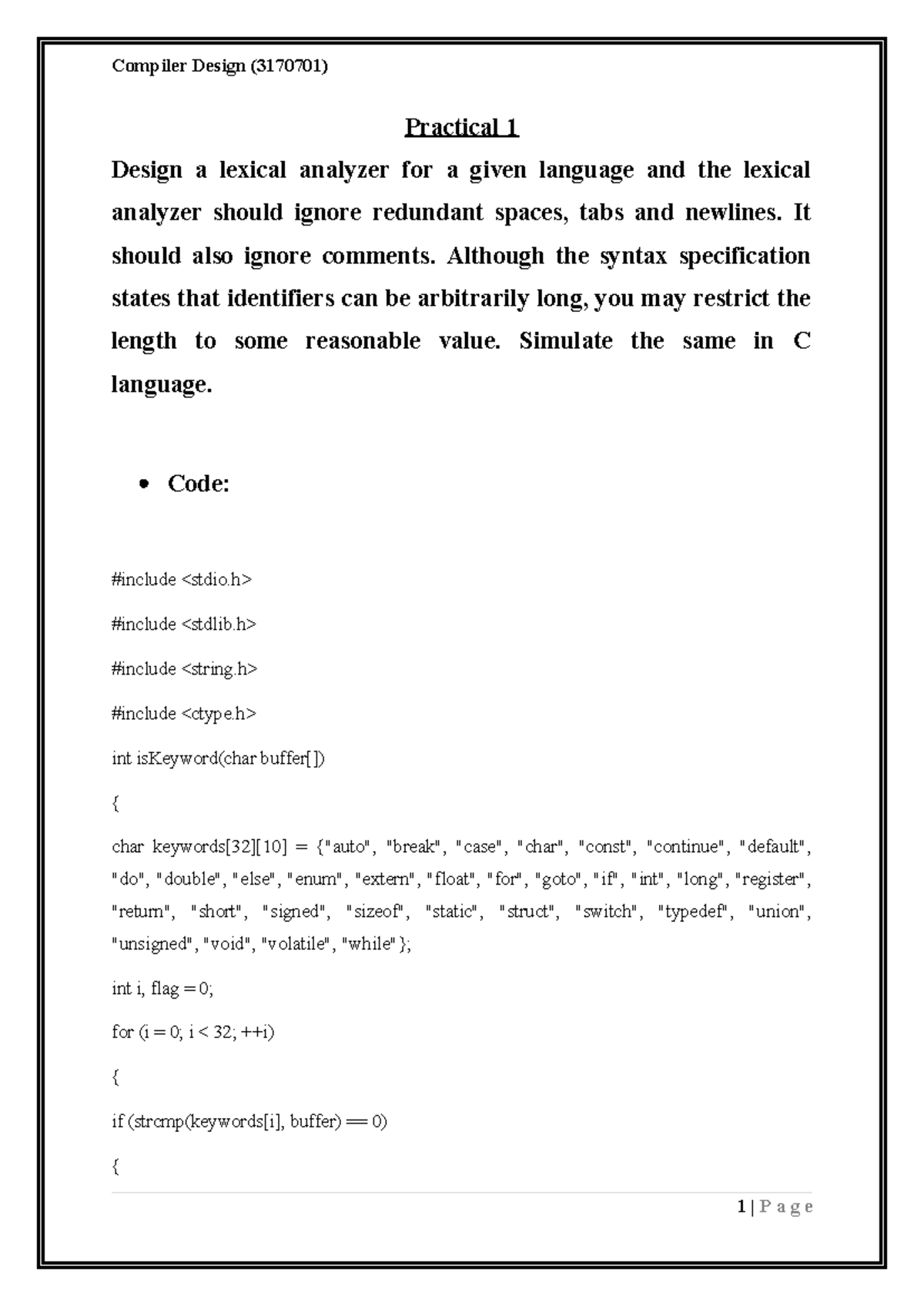 Practical CD - Compiler Design - Practical 1 Design a lexical analyzer for a given language and ...