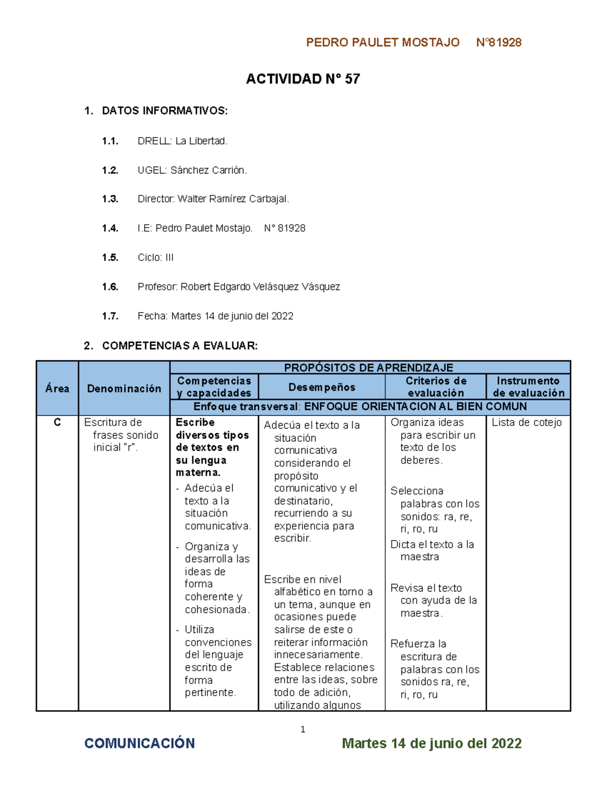 Actividad N°57 - I - Espero que les sirva mis trabajos. - ACTIVIDAD N° 57 1. DATOS INFORMATIVOS ...