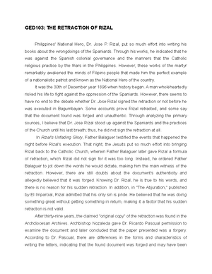 RPH - Retraction OF Rizal - RPH - RETRACTION OF RIZAL 📌 THE CUERPO DE ...